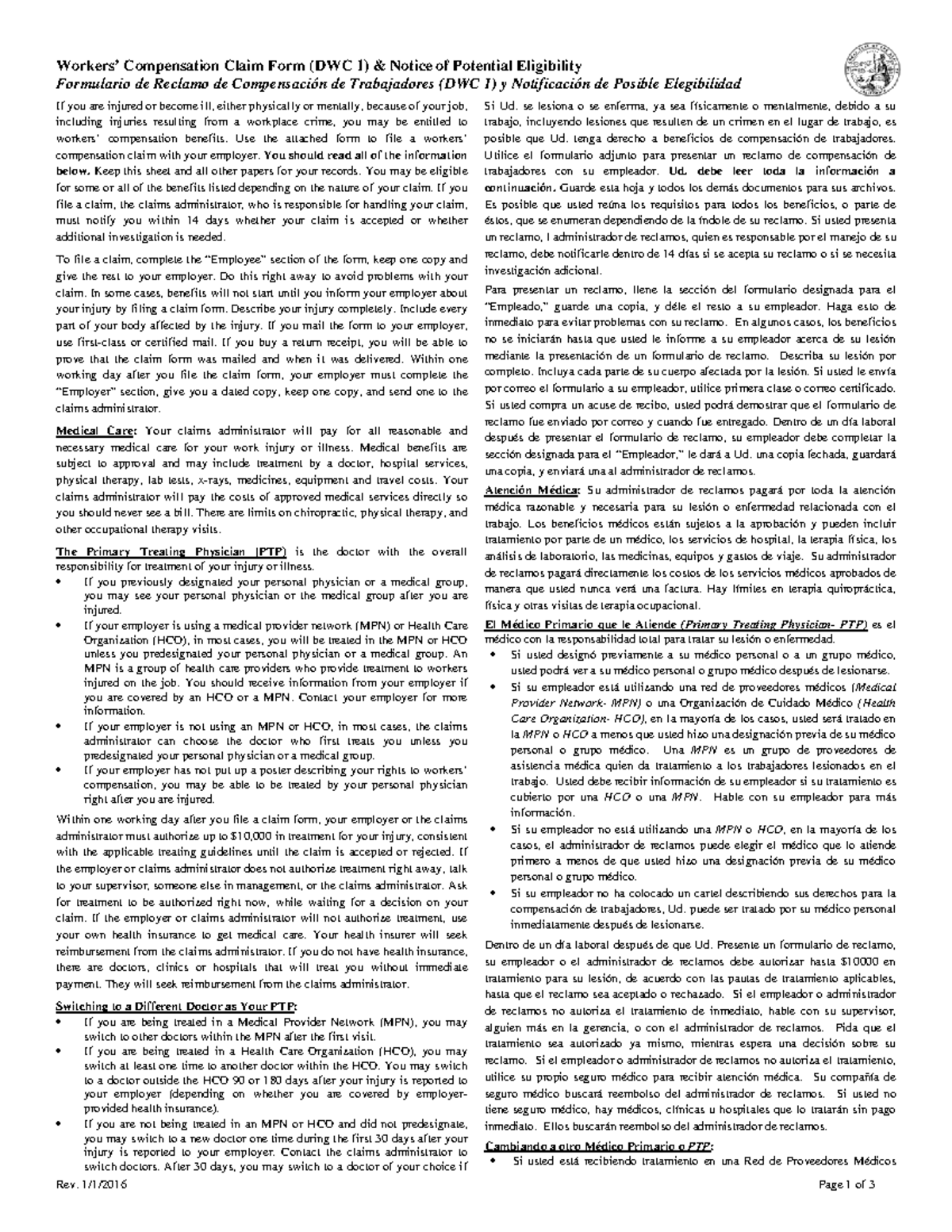 York Claim Form-2016 DWC1 - Workers’ Compensation Claim Form (DWC 1 ...