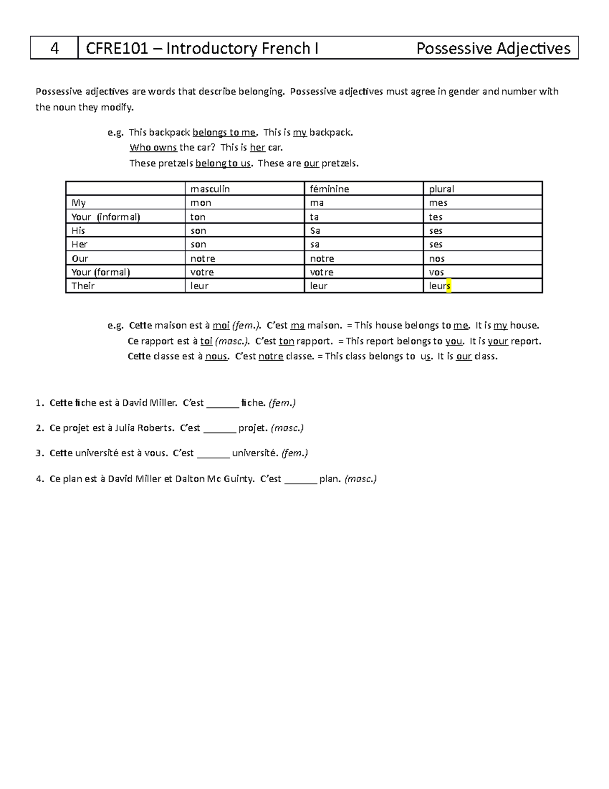 FRE101 - Possessive Adjectives - 4 CFRE101 – Introductory French I ...