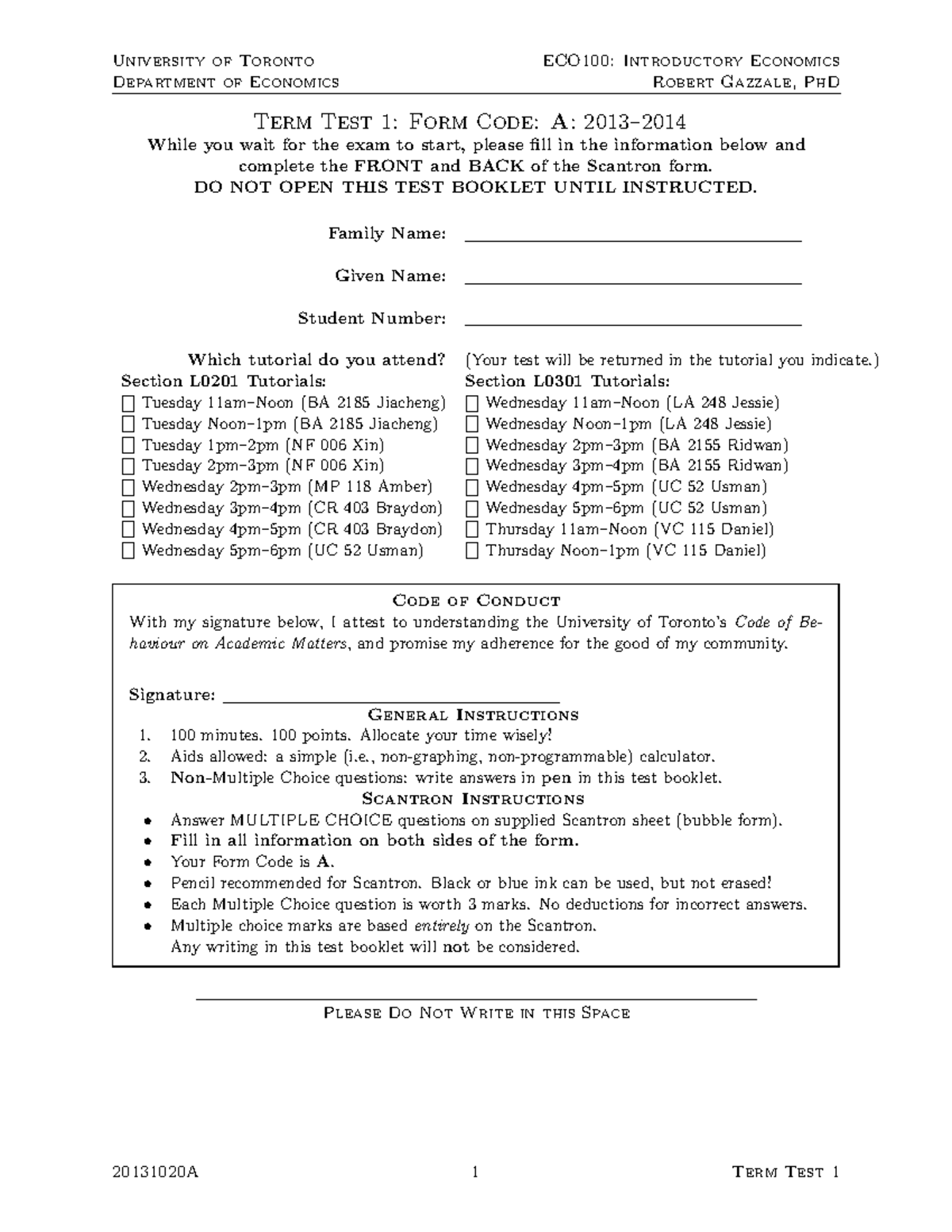 eco 101 Term Test1 Gazzale 2013 without solution - University of ...