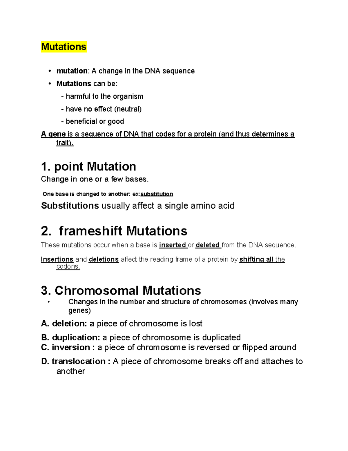 Mutations notes - Mutations mutation: A change in the DNA sequence ...
