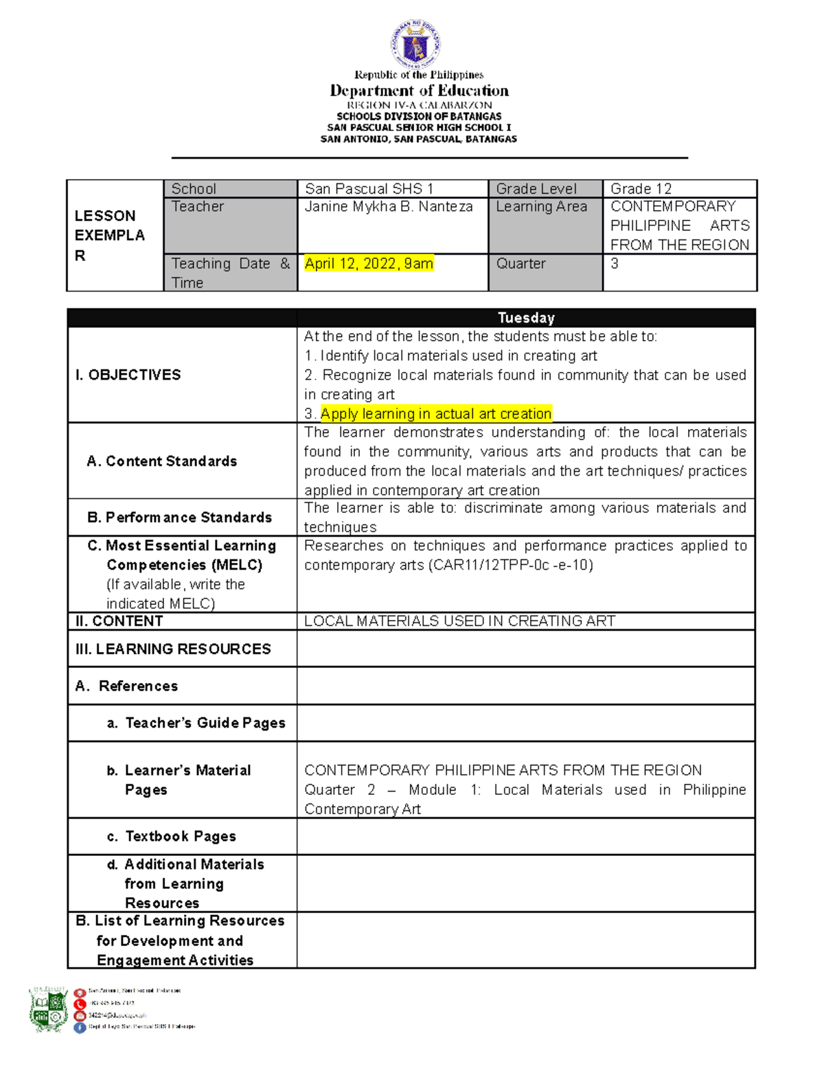 Lesson Exemplar DEMO 1 SY 21 22 Diass - LESSON EXEMPLA R School San ...