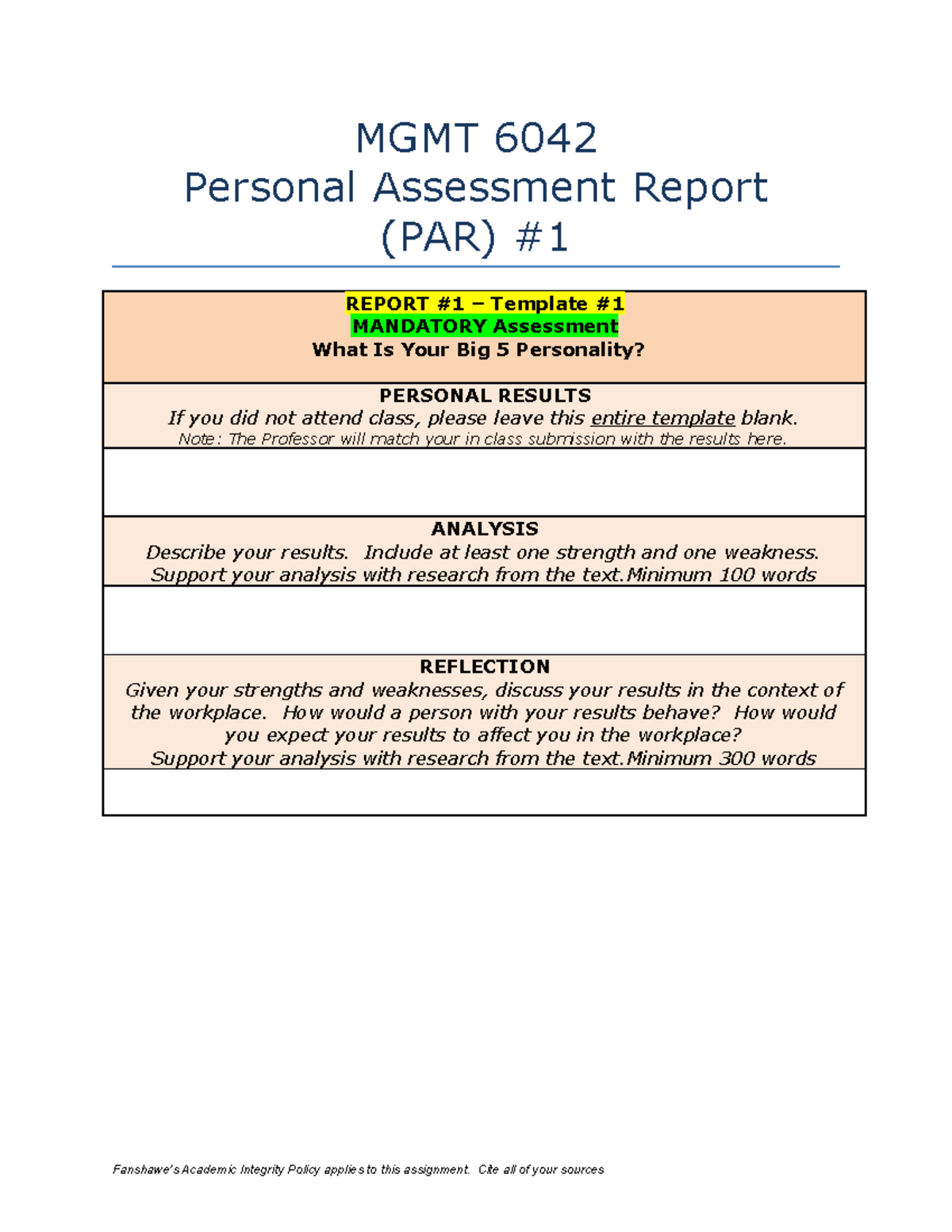 PAR Assessment Report - MGMT 6042 Personal Assessment Report (PAR ...