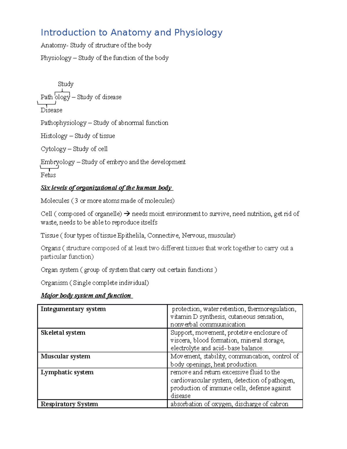 Intro to anatomy and physiology - Anatomy- Study of structure of the ...