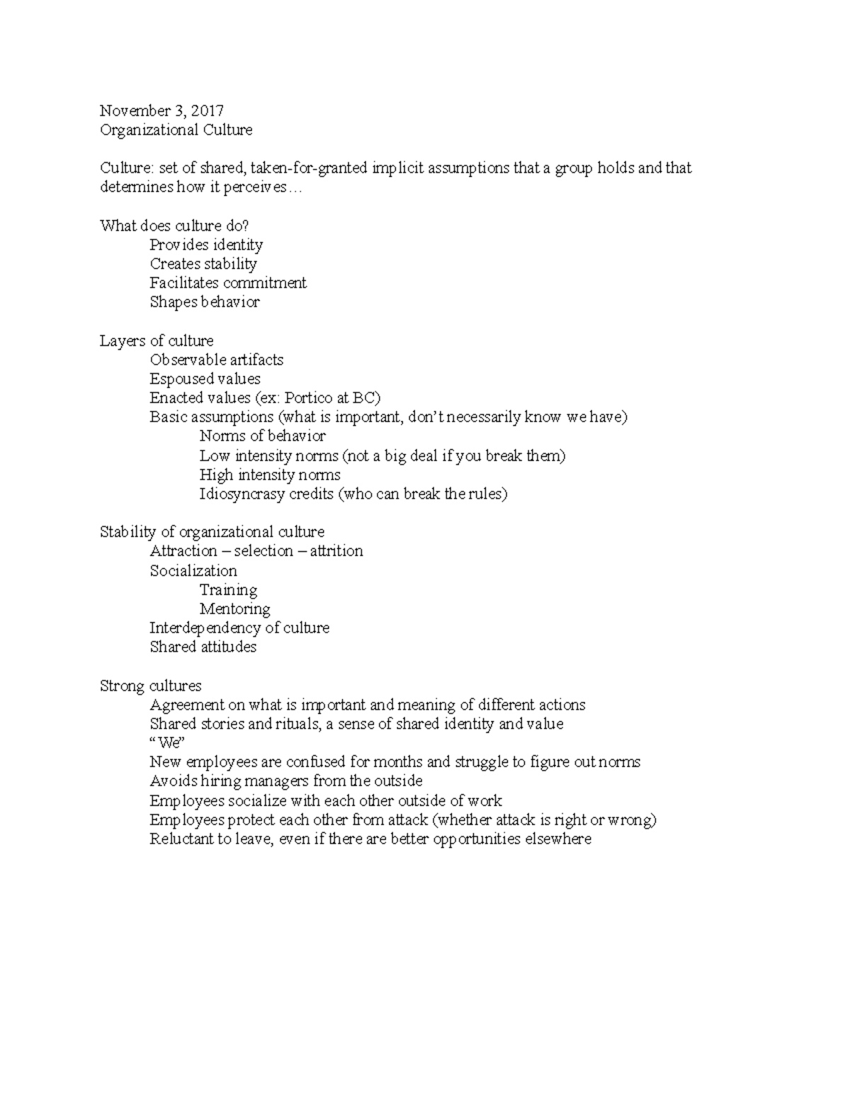 11.03.17 notes - November 3, 2017 Organizational Culture Culture: set ...