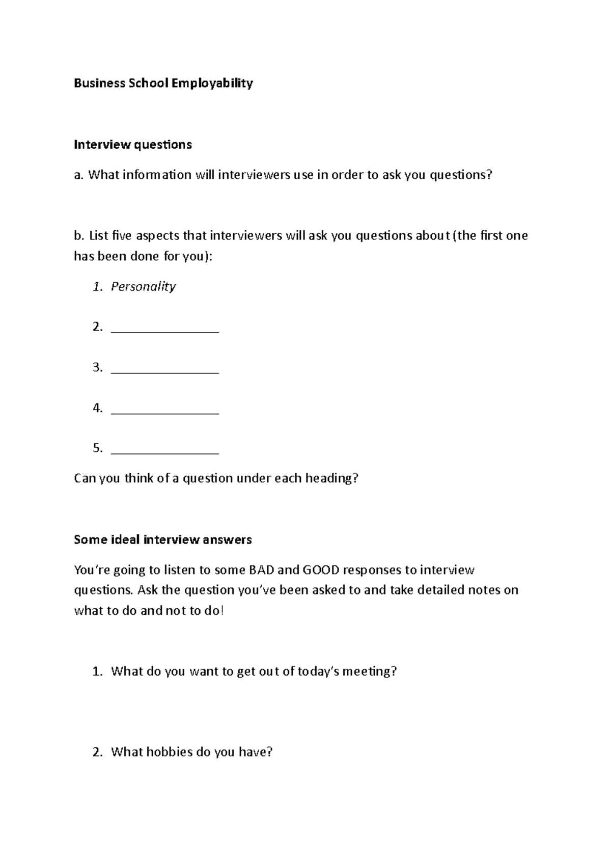 Business School Employability worksheet - interview questions ...