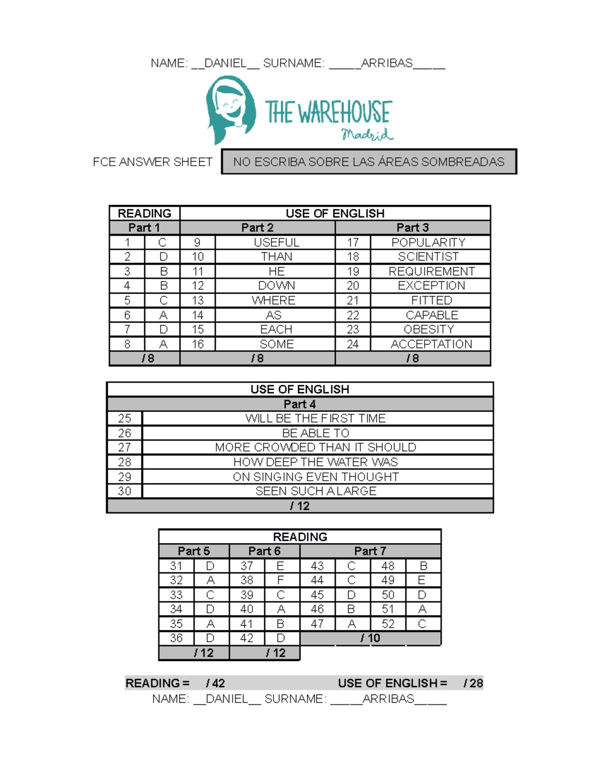FCE Answer Sheet - Studocu