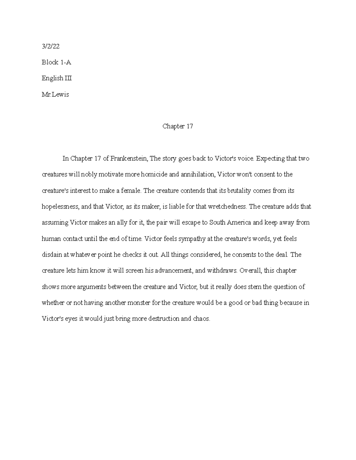 Chapter 17 - Summary - Frankenstein - 3/2/ Block 1-A English III Mr ...