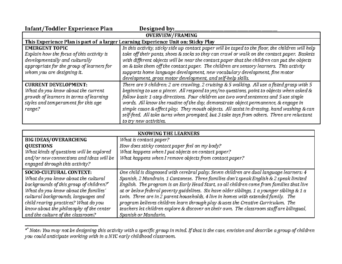 Example of a Toddler experience plan - Infant/Toddler Experience Plan ...