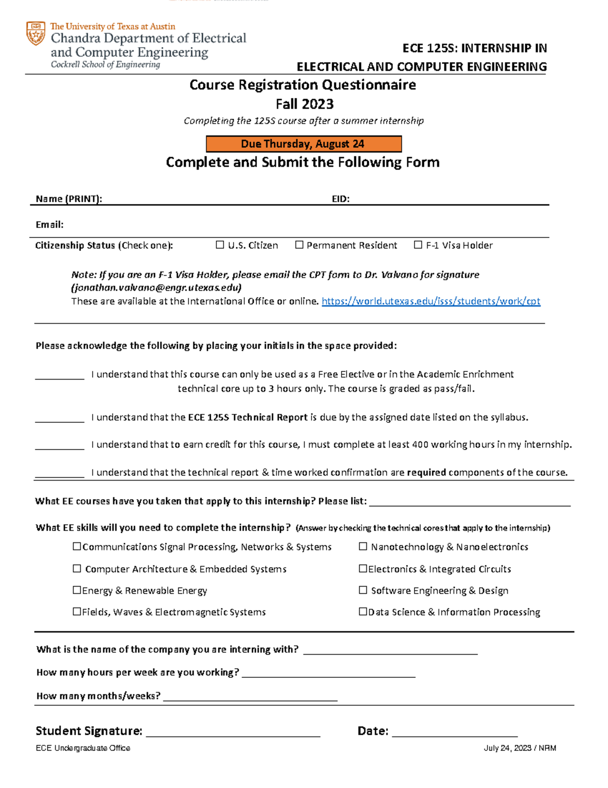 Course Registration Questionnaire - ECE Undergraduate Office July 24 ...