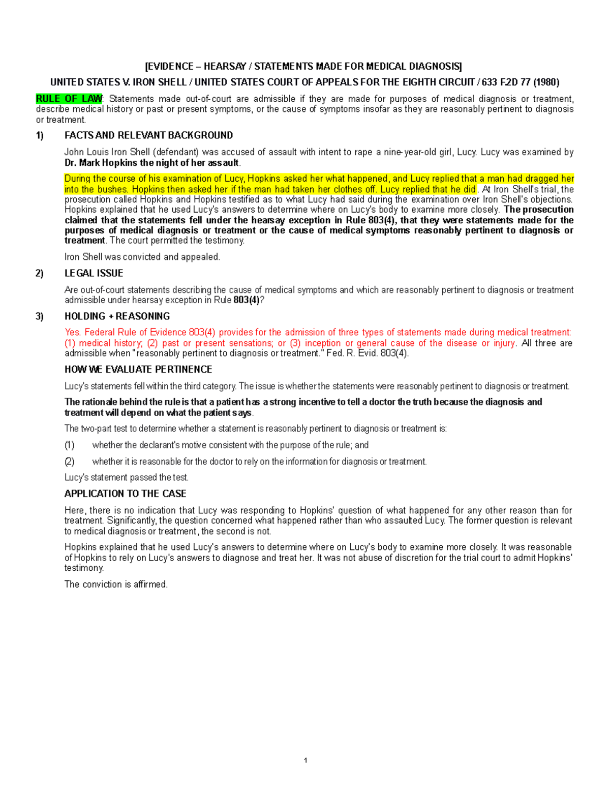6. Case brief US v. Iron Shell (medical diagnosis) - [EVIDENCE ...