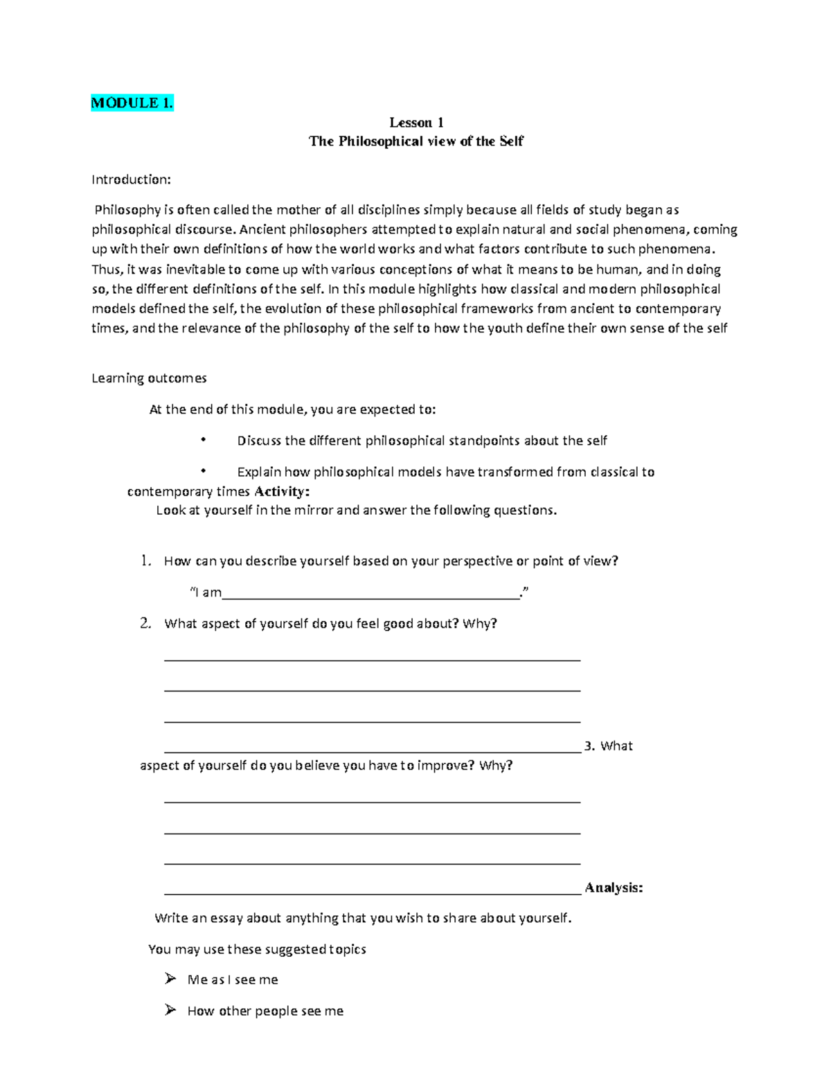 I am sharing 'Lesson 1 The Philosophical view of the Self' with you ...