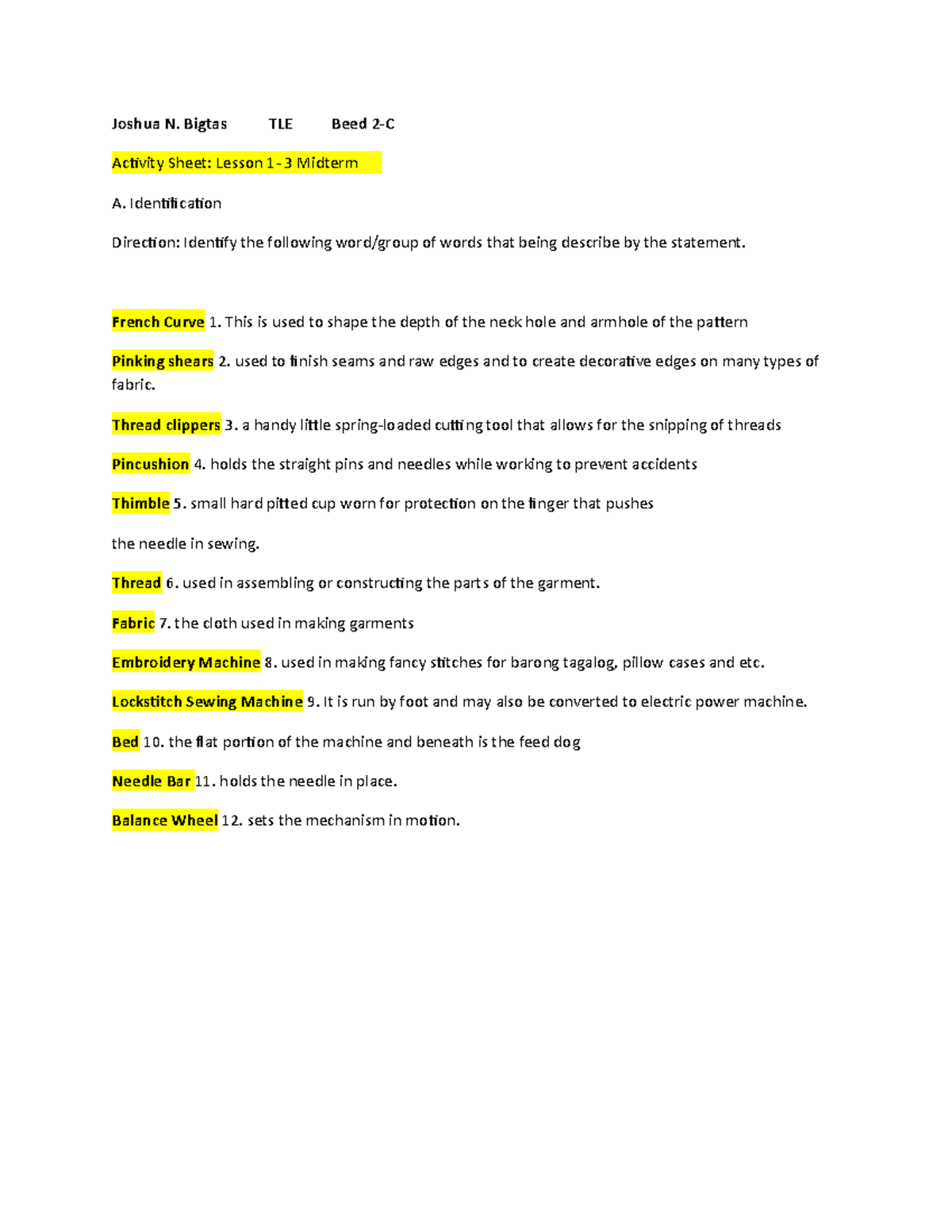 TLE 1 - Okie - Tratado de fisiologia Medica - Joshua N. Bigtas TLE Beed 2-C Activity Sheet ...