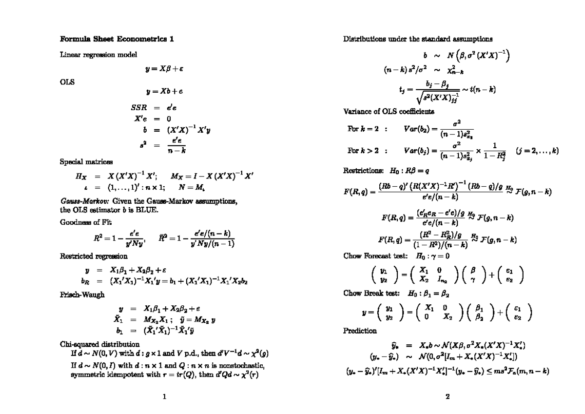 Formulas EC1 2019 2p - Econometrics 1 - Studeersnel