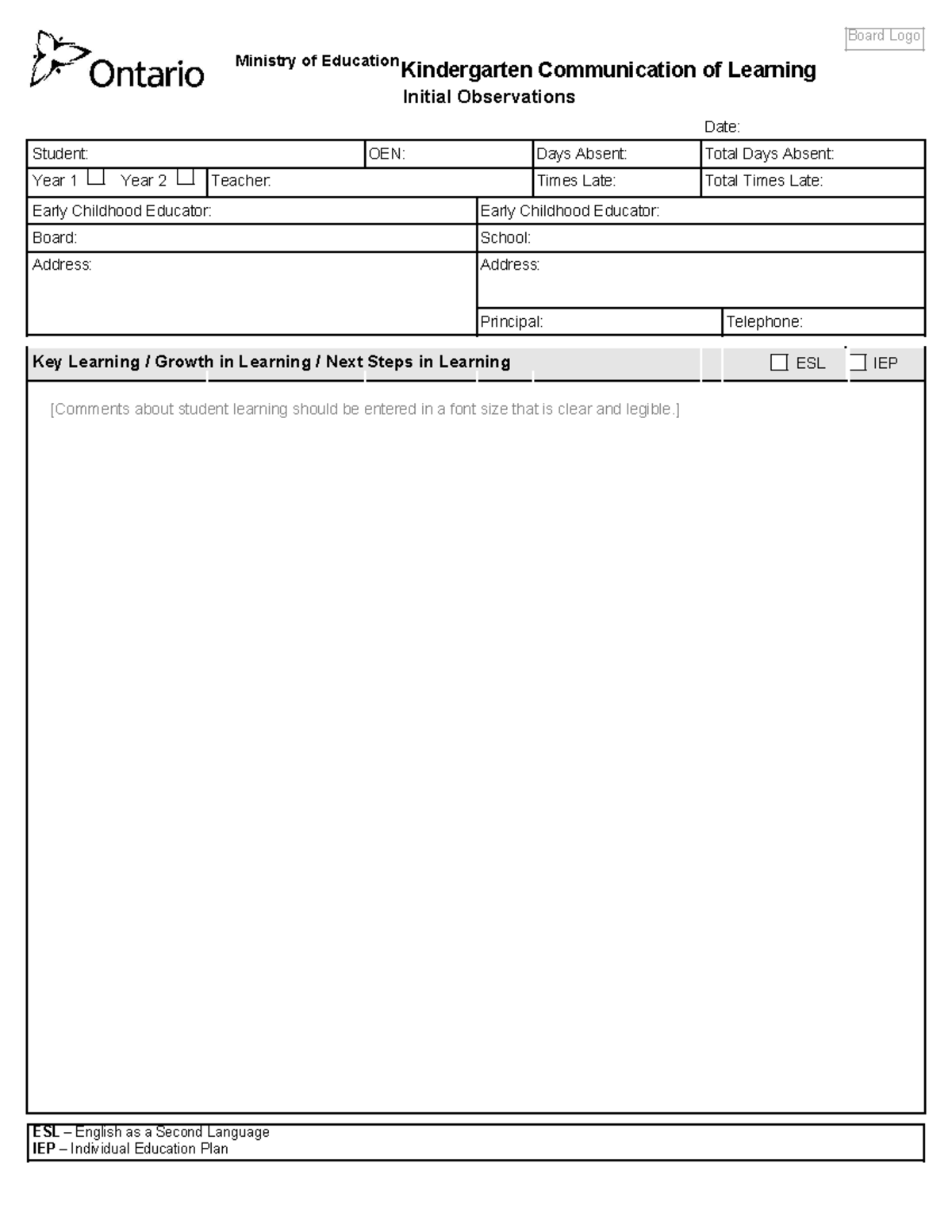 Report Card Template 02 - Board Logo Ministry of Education Kindergarten ...