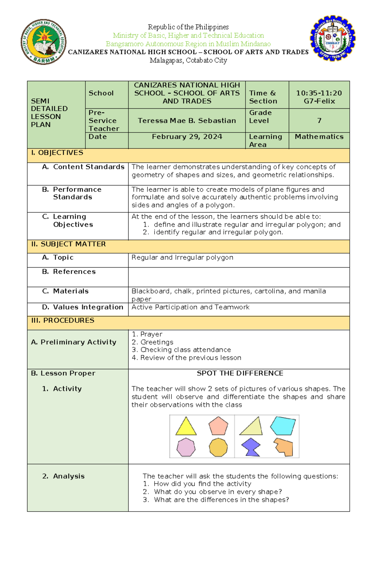 Regular AND Irregular Polygon - Republic of the Philippines Ministry of ...