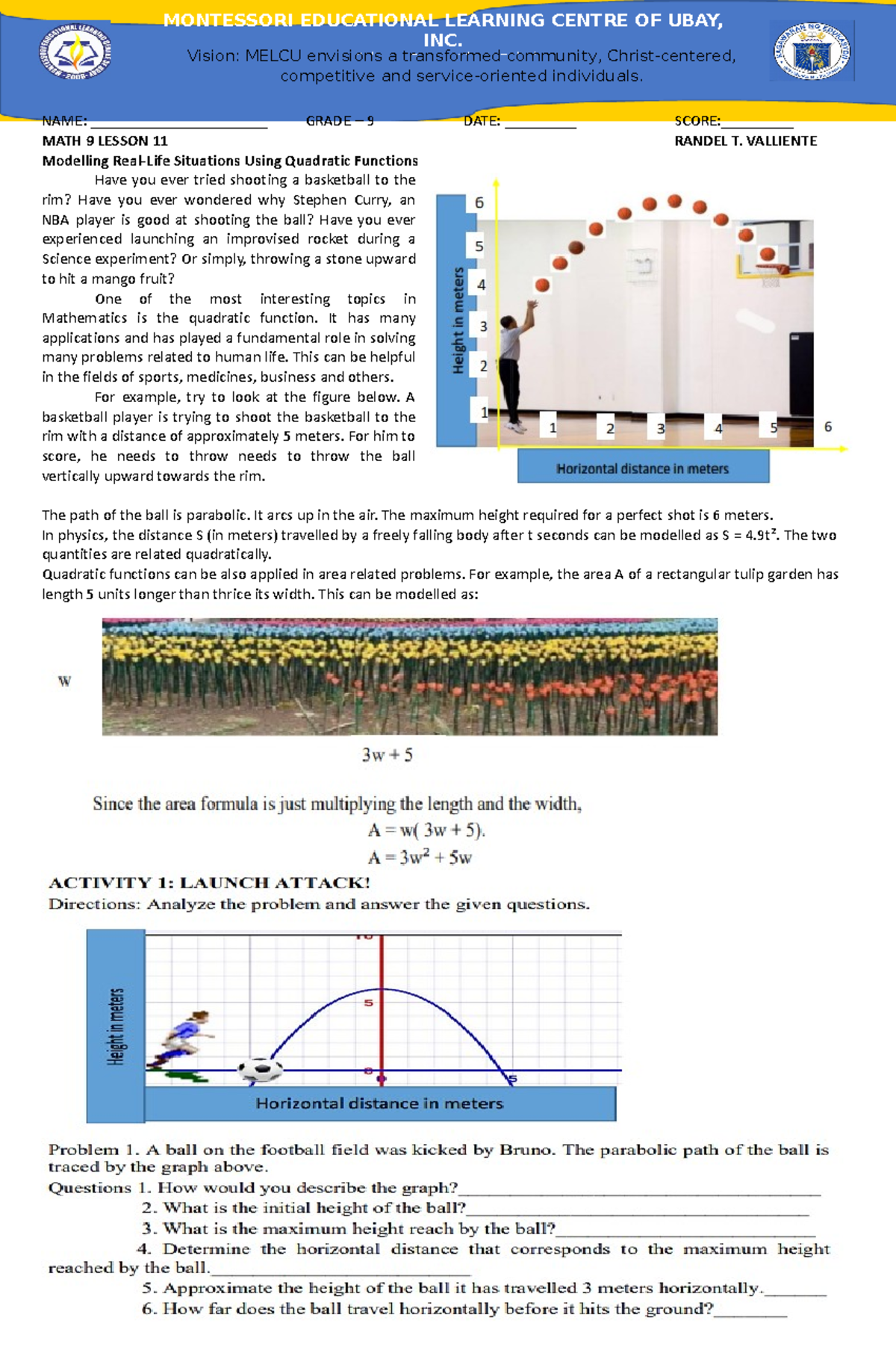 Q1 MATH 9 Lesson 11 - NAME: ______________________ GRADE – 9 DATE ...