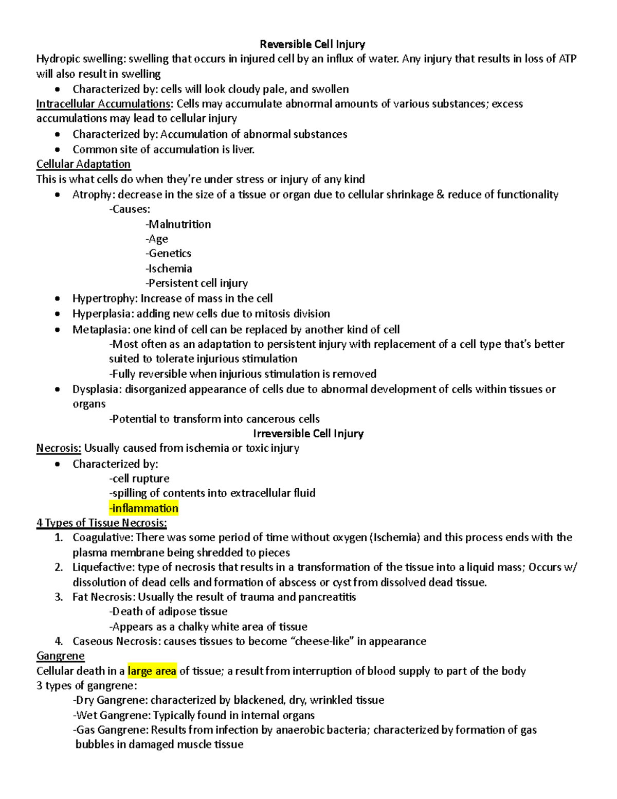 Concept map 3 - Reversible Cell Injury Hydropic swelling: swelling that ...