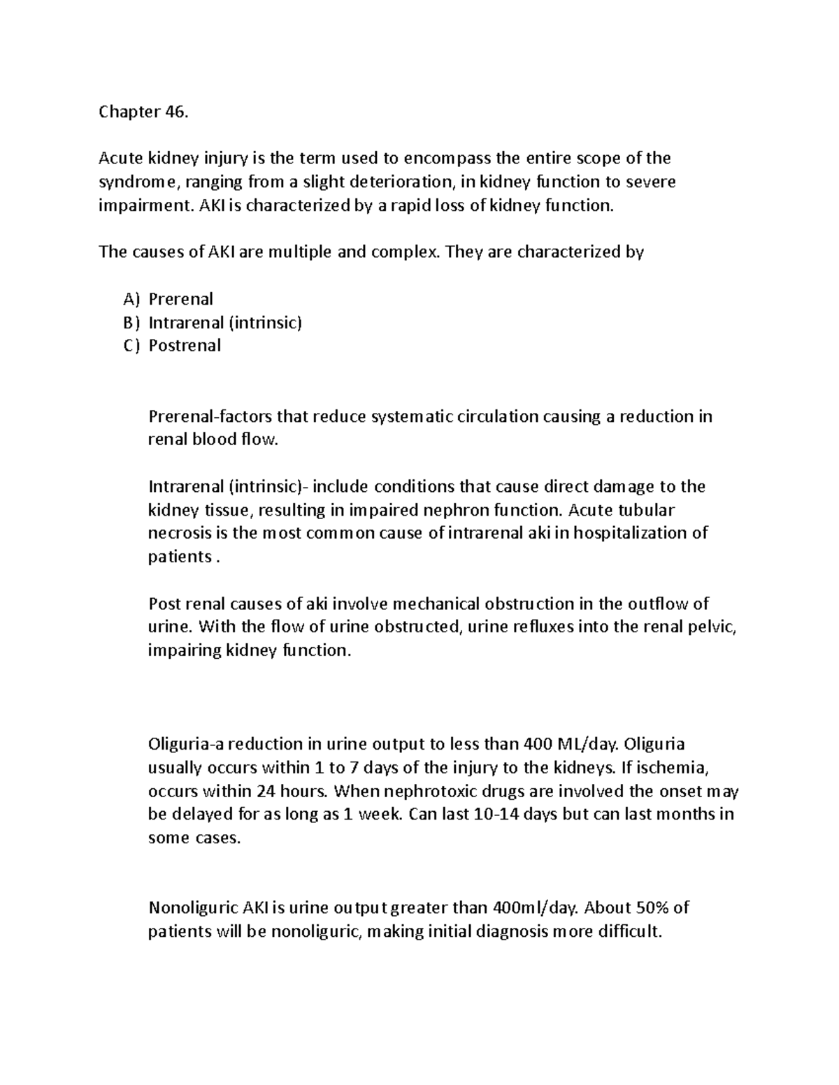 Chapter 46outline - cheat sheet - Chapter 46. Acute kidney injury is ...
