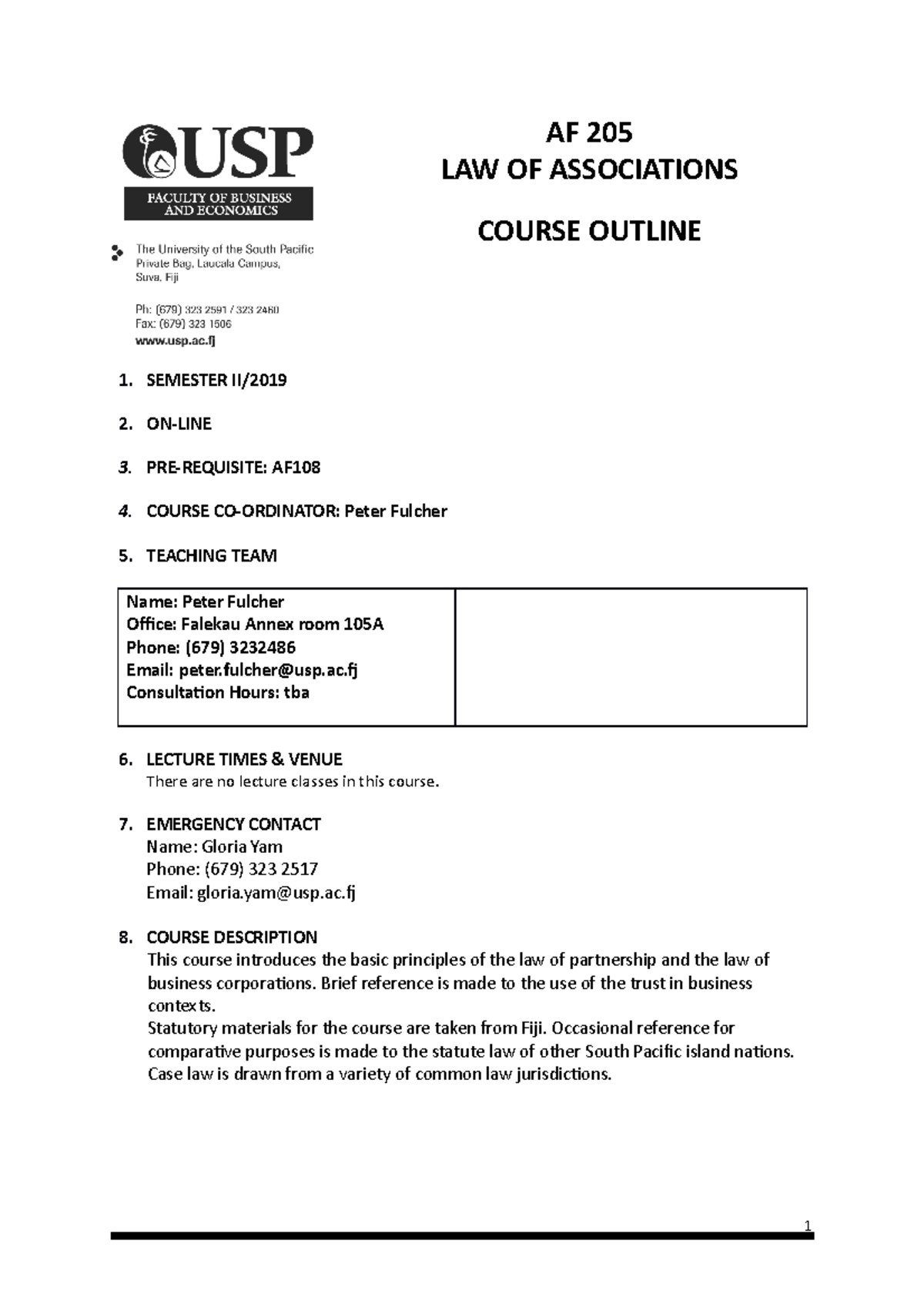 AF205 Course Outline 2019 - AF 205 LAW OF ASSOCIATIONS COURSE OUTLINE 1 ...
