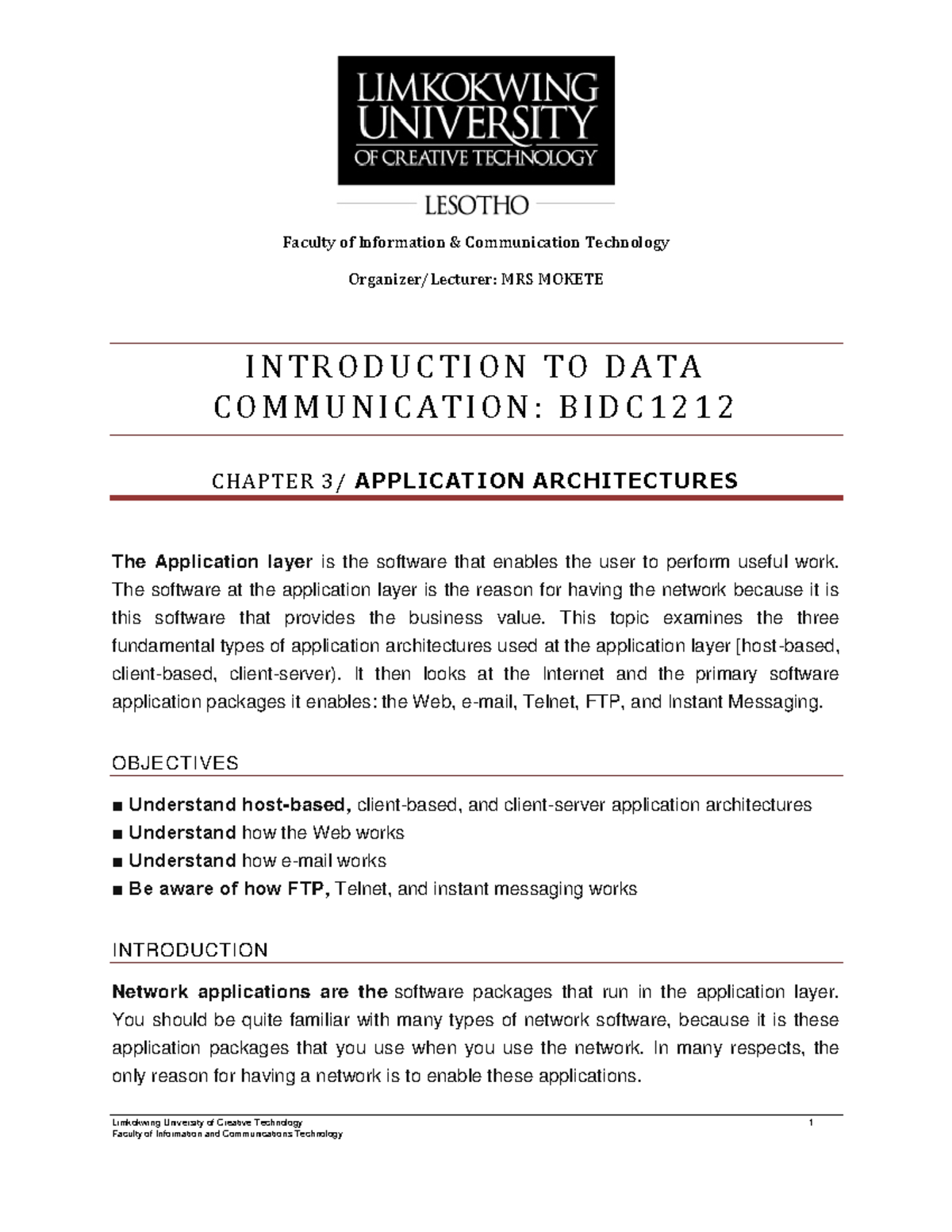 Chapter 3A - com - Organizer/Lecturer: MRS MOKETE Limkokwing University ...