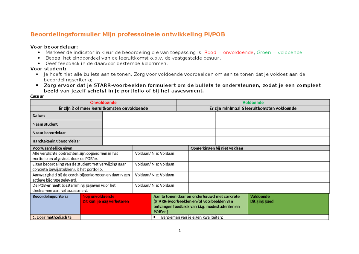 POB blok 1.4 beoordelingsformulier Mijn professionele ontwikkeling - Beoordelingsformulier Mijn ...