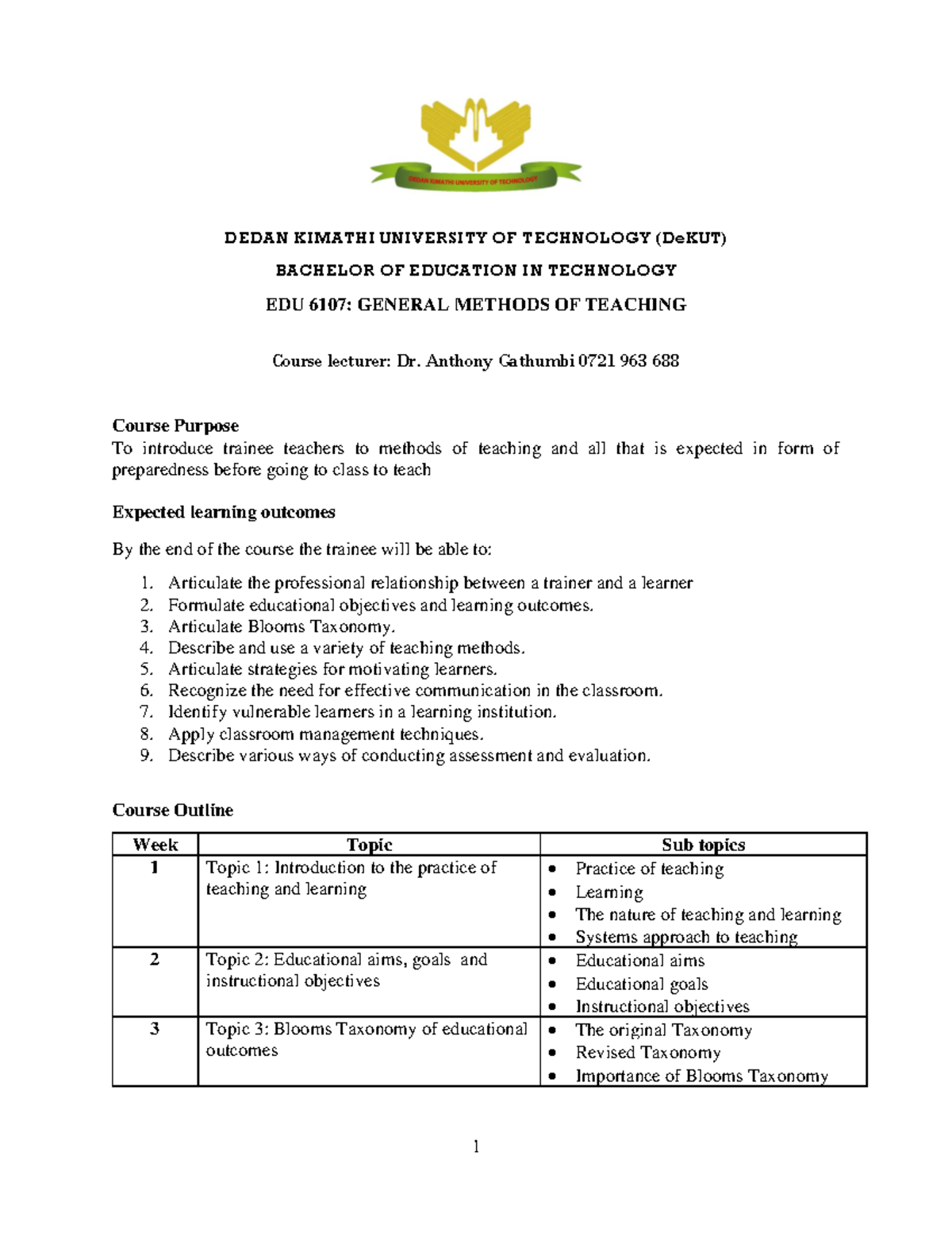 Lesson 0 EED 6107 General Methods OF Teaching Course Outline - 1 DEDAN ...