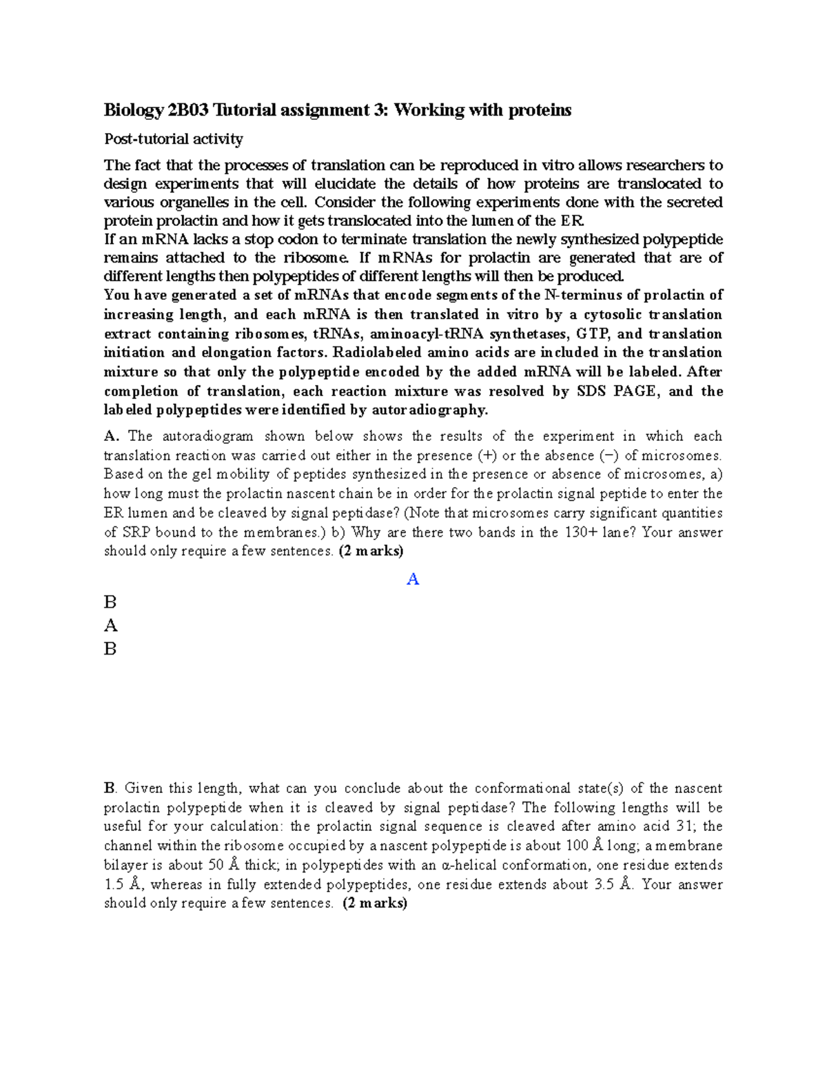 F23 Bio 2B03 Assignment 3 - Working with proteins - Biology 2B03 Tutorial assignment 3: Working ...
