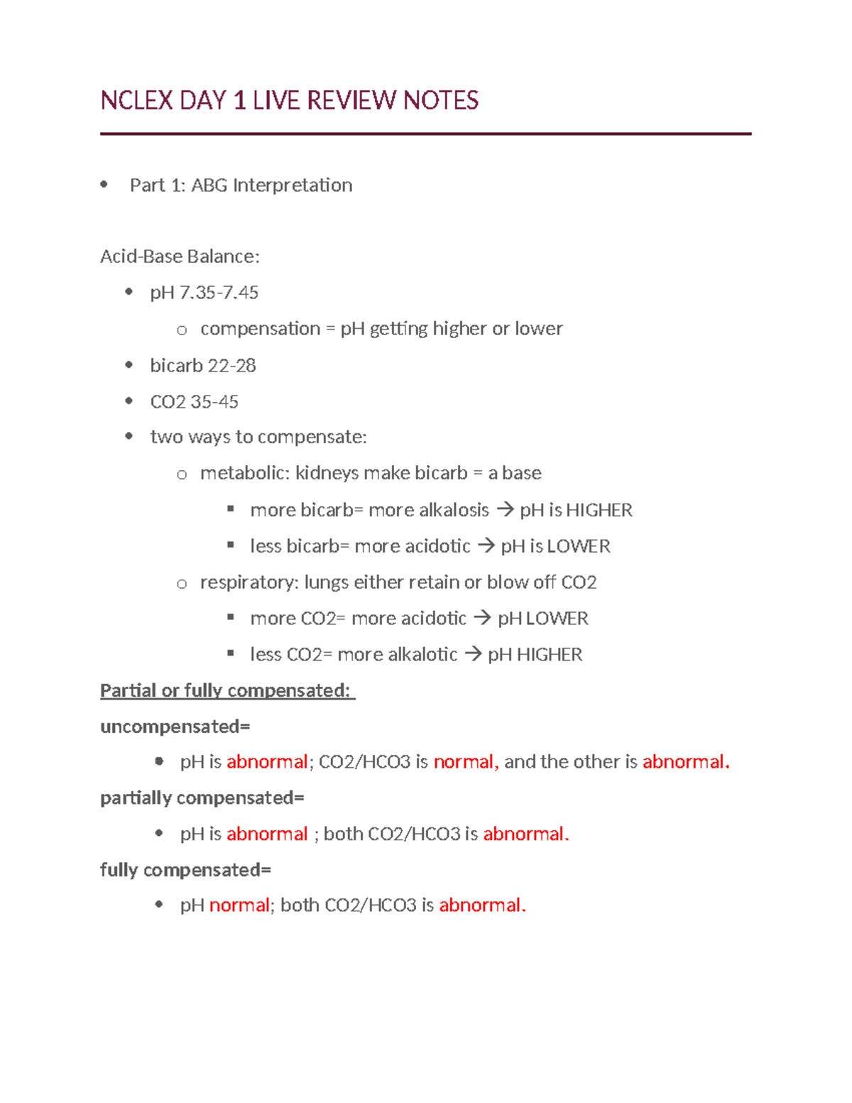 Archer notes - noted - NCLEX DAY 1 LIVE REVIEW NOTES Part 1: ABG ...