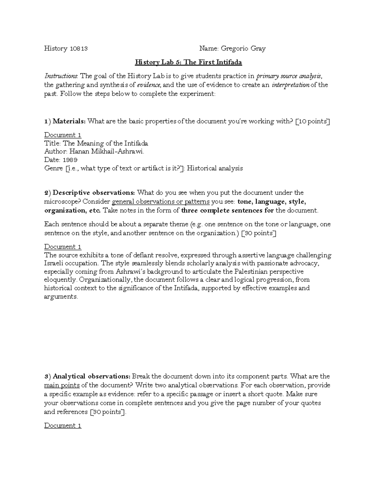History Lab 5 The Intifada - History 10813 Name: Gregorio Gray History ...