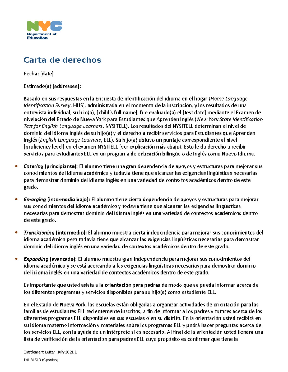 Entitlement-letter-spanish - Carta de derechos Fecha: [date] Estimado(a ...