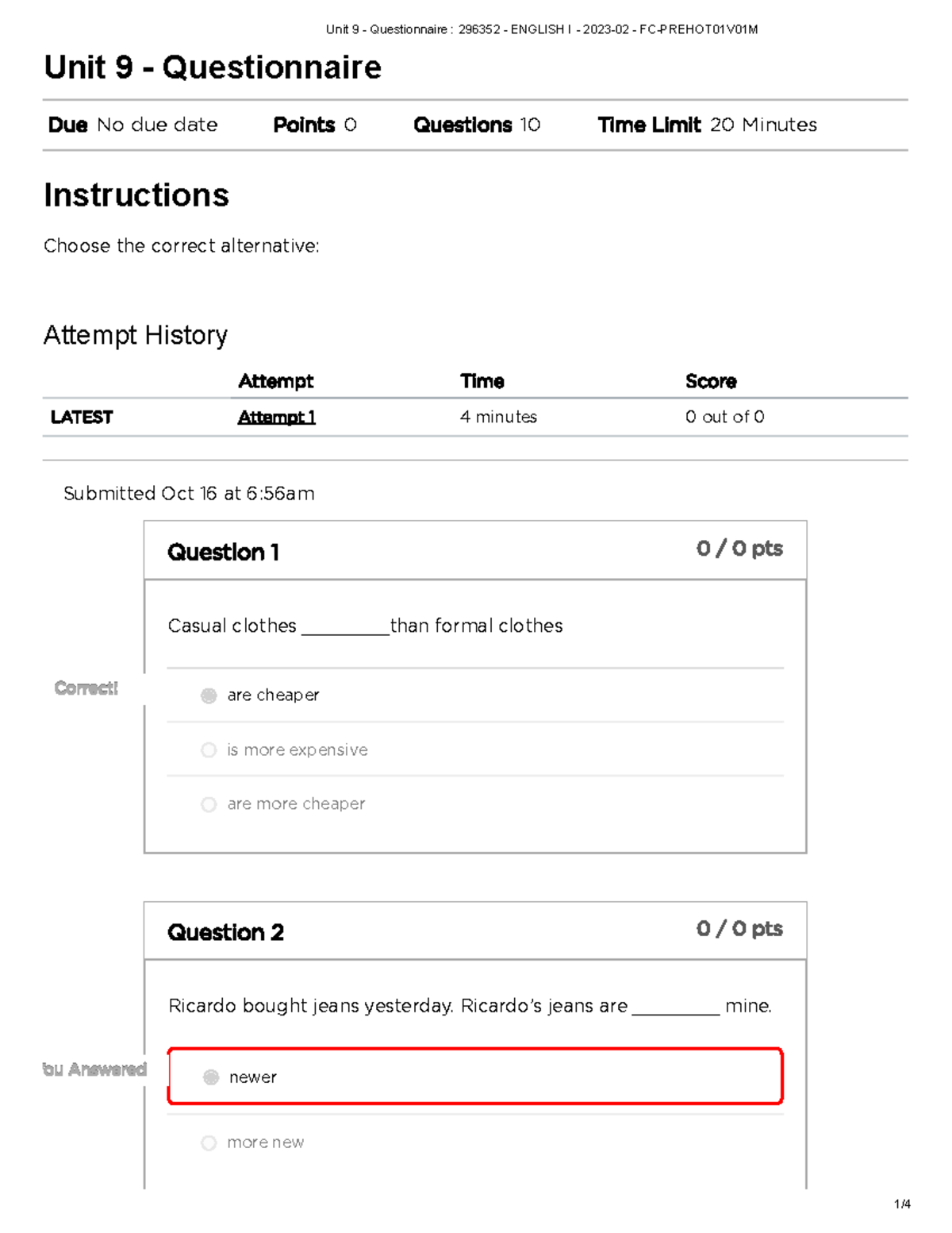 Unit 9 - Questionnaire 296352 - English I - 2023-02 - FC- Prehot 01V01M ...