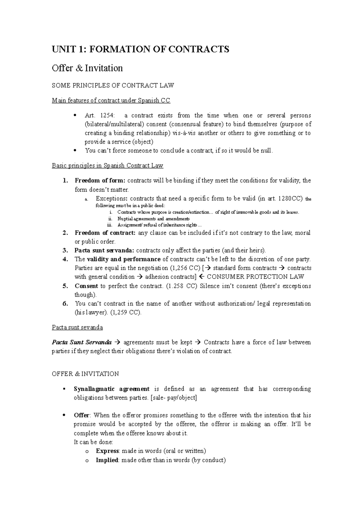 Contracts Tema 1 Apunts 1 Unit 1 Formation Of Contracts Offer