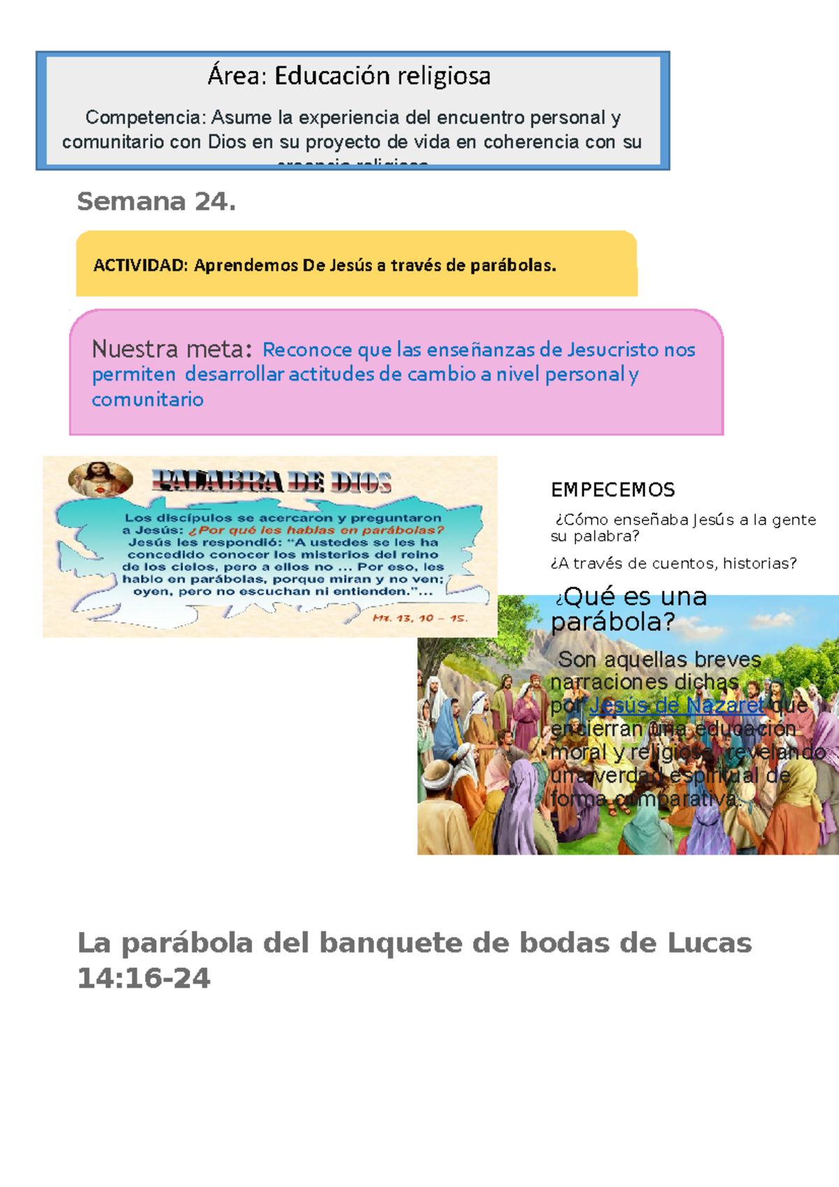 - Religion Ficha- Parabol 08 - Semana 24. La parábola del banquete de ...