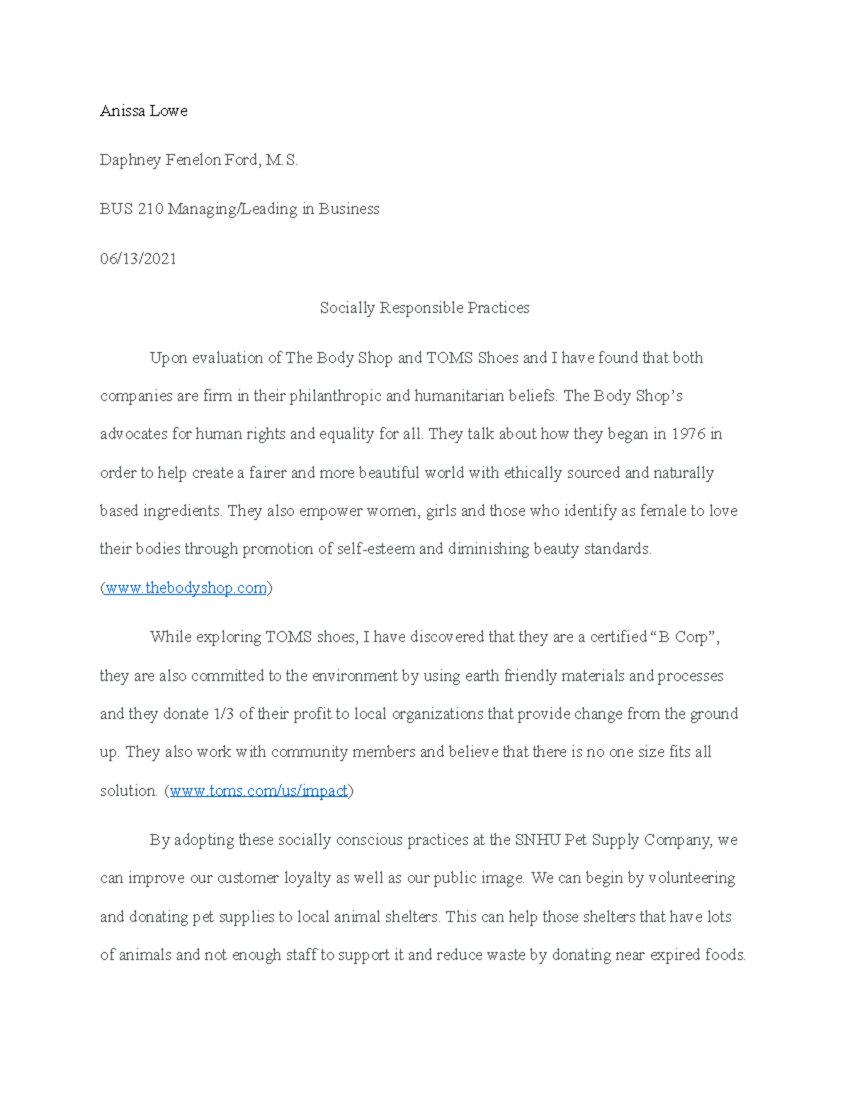 BUS 210 Module 5 Socially Responsible Practices - Anissa Lowe Daphney ...