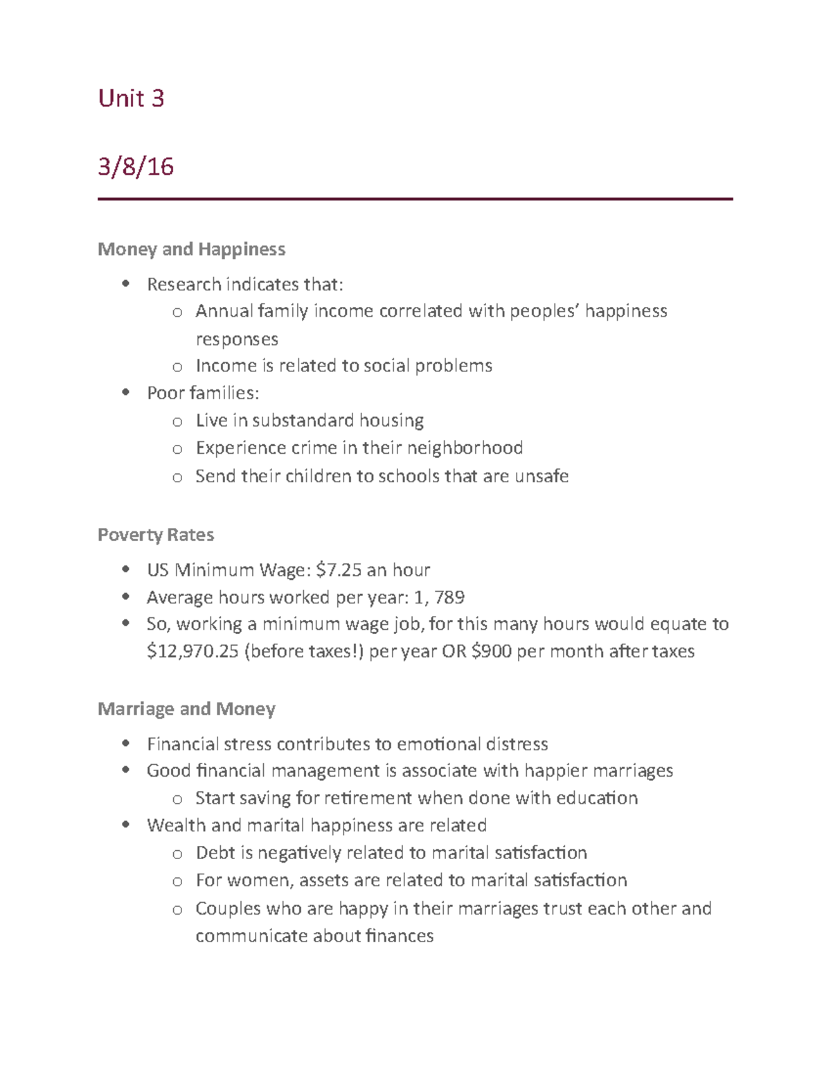 Unit 3 - Lecture notes All of Unit 3 - Unit 3 3/8/ Money and Happiness ...