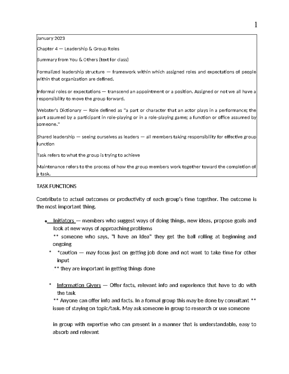 Group Dynamics week 4 Summary of Leadership, Task and Maintenance ...