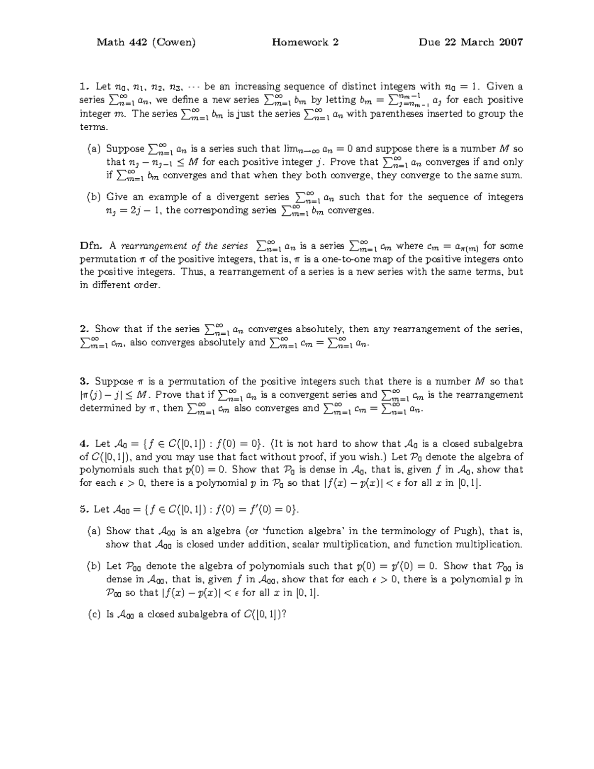 Math442HW2 - HWs for Math 44200, Carl Cowen class - Math 442 (Cowen ...