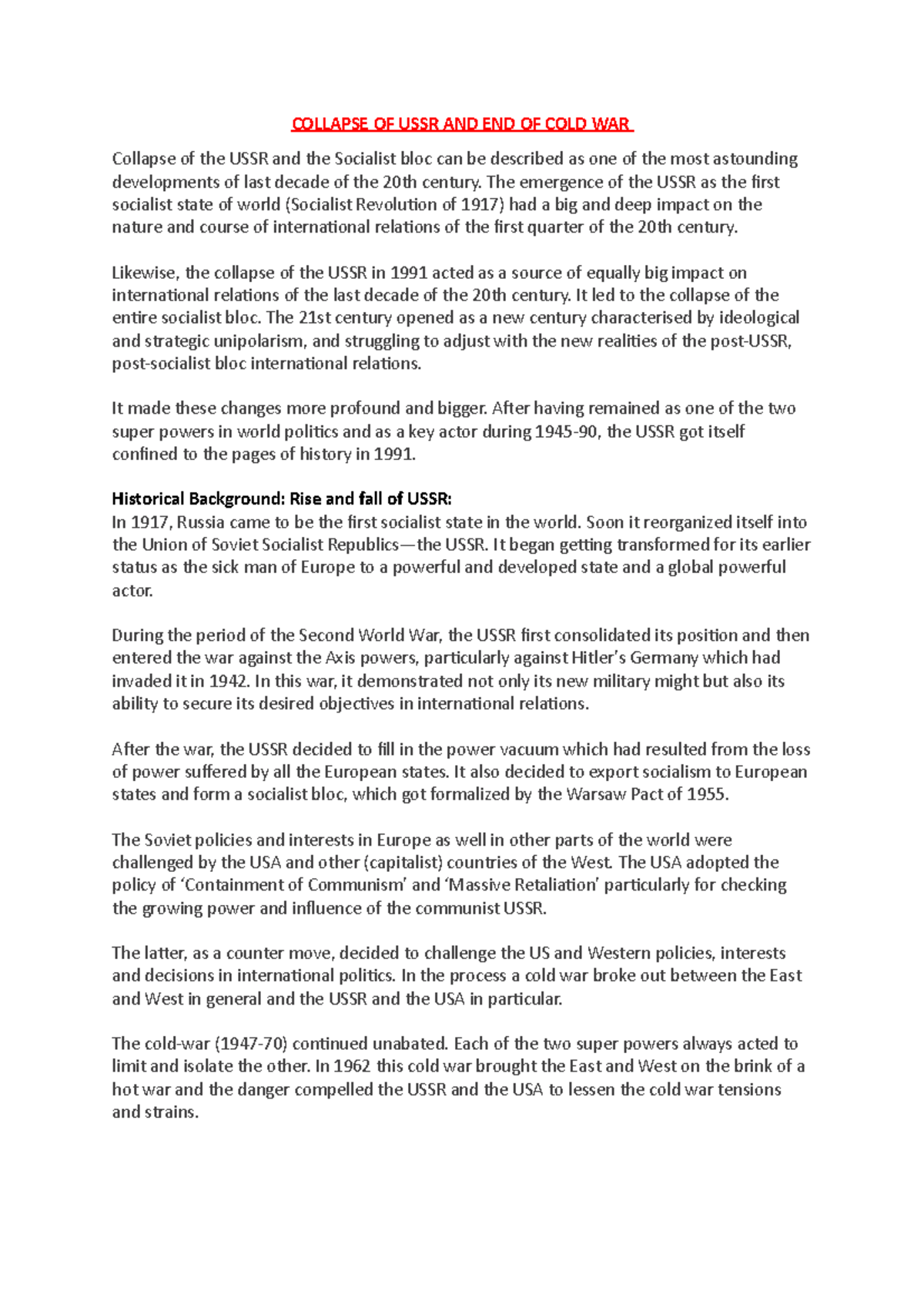 Collapse OF USSR AND END OF COLD WAR Collapse OF USSR AND END OF COLD ...