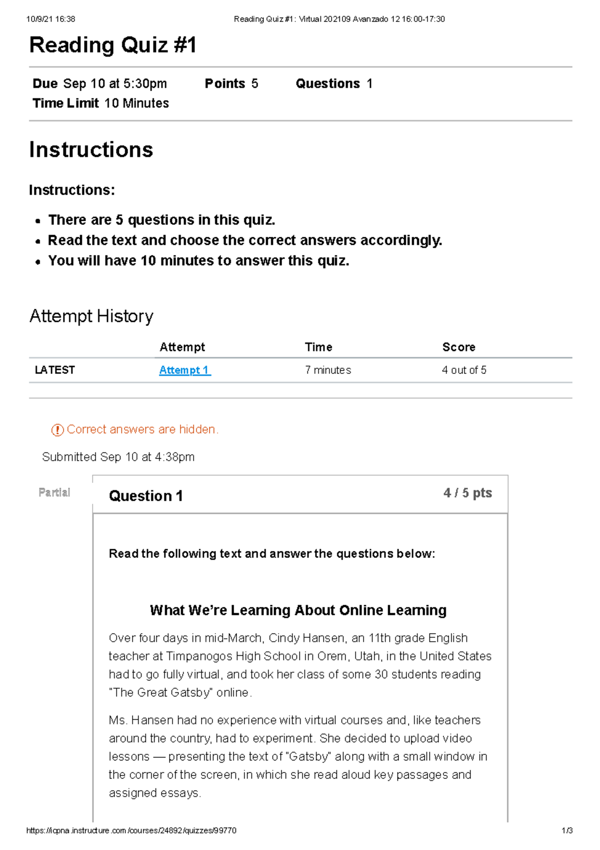 Reading Quiz #1 12 WHAT WERE Learning - 10/9/21 16:38 Reading Quiz #1 ...