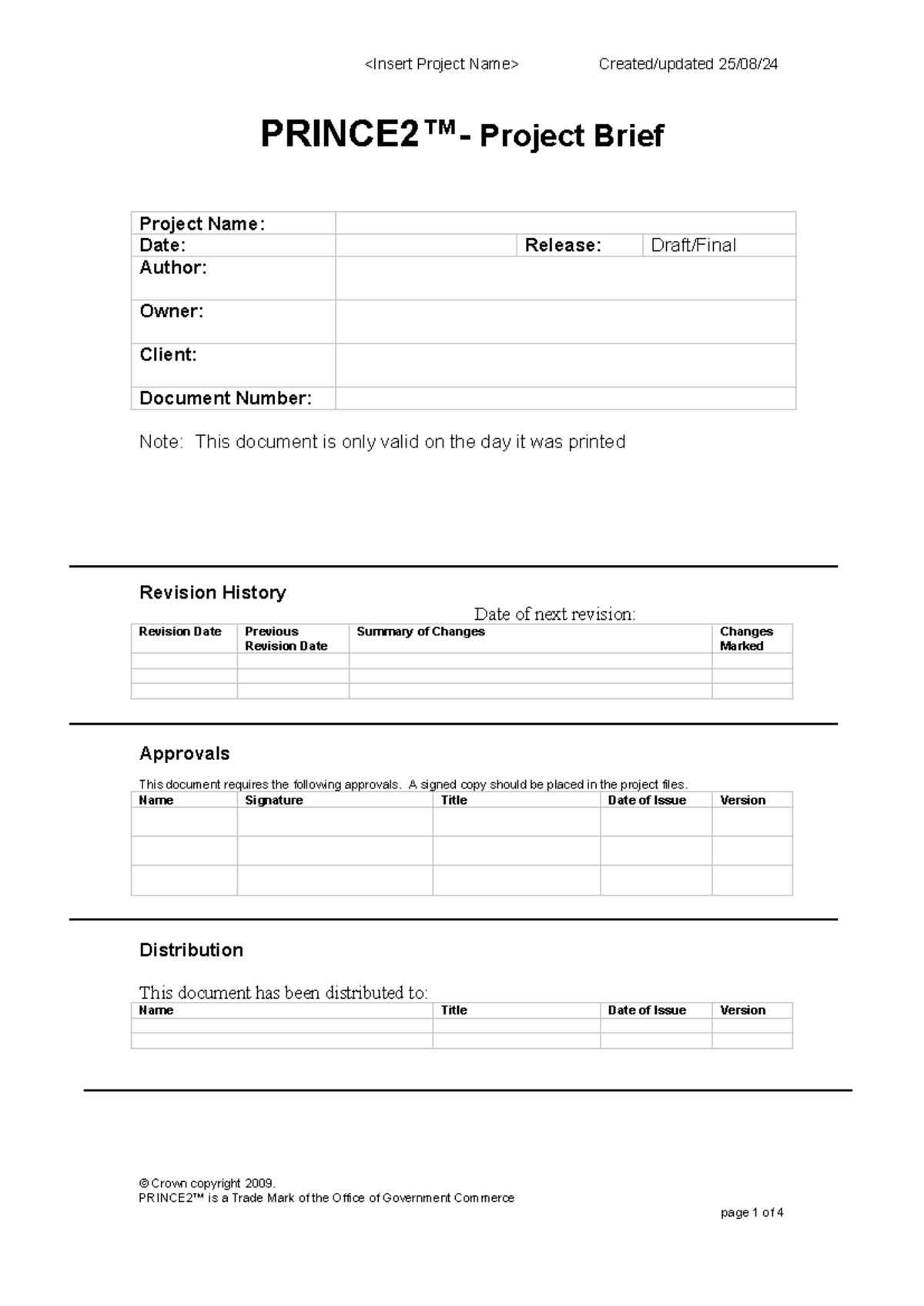 Project Brief - Created/updated 25/08/ PRINCE2™- Project Brief Project ...