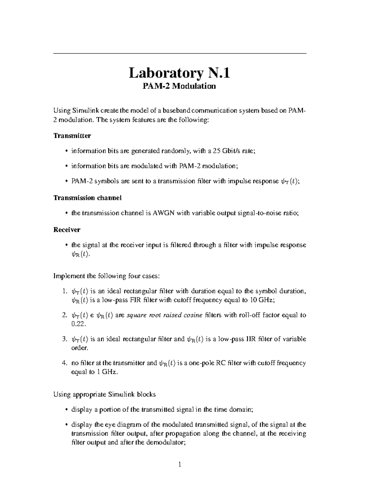 Lab1 Digital Transmission - Laboratory N. PAM-2 Modulation Using Simulink create the model of a ...