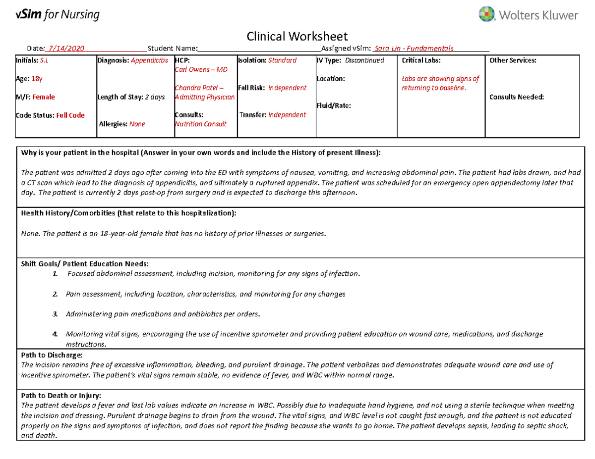 Done Fundamentals Saralin clinicalworksheets - Clinical Worksheet Date ...