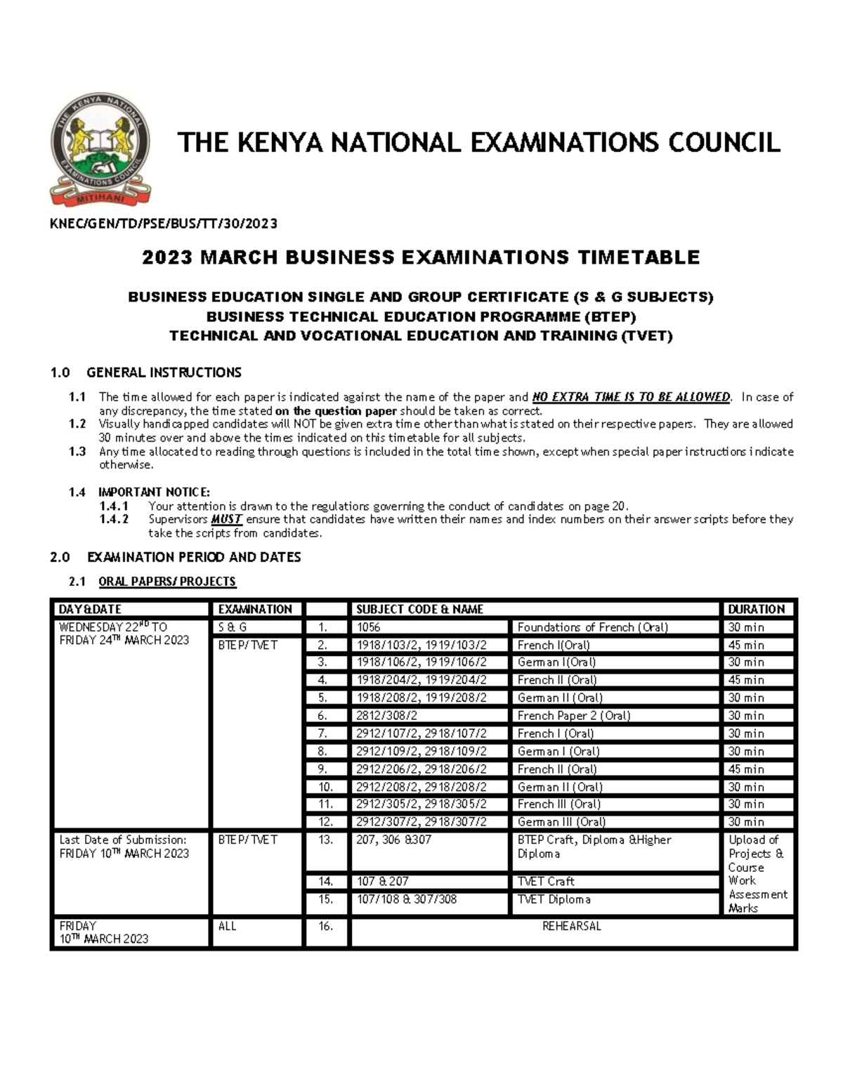 March 2023 Business Timetable - THE KENYA NATIONAL EXAMINATIONS COUNCIL ...
