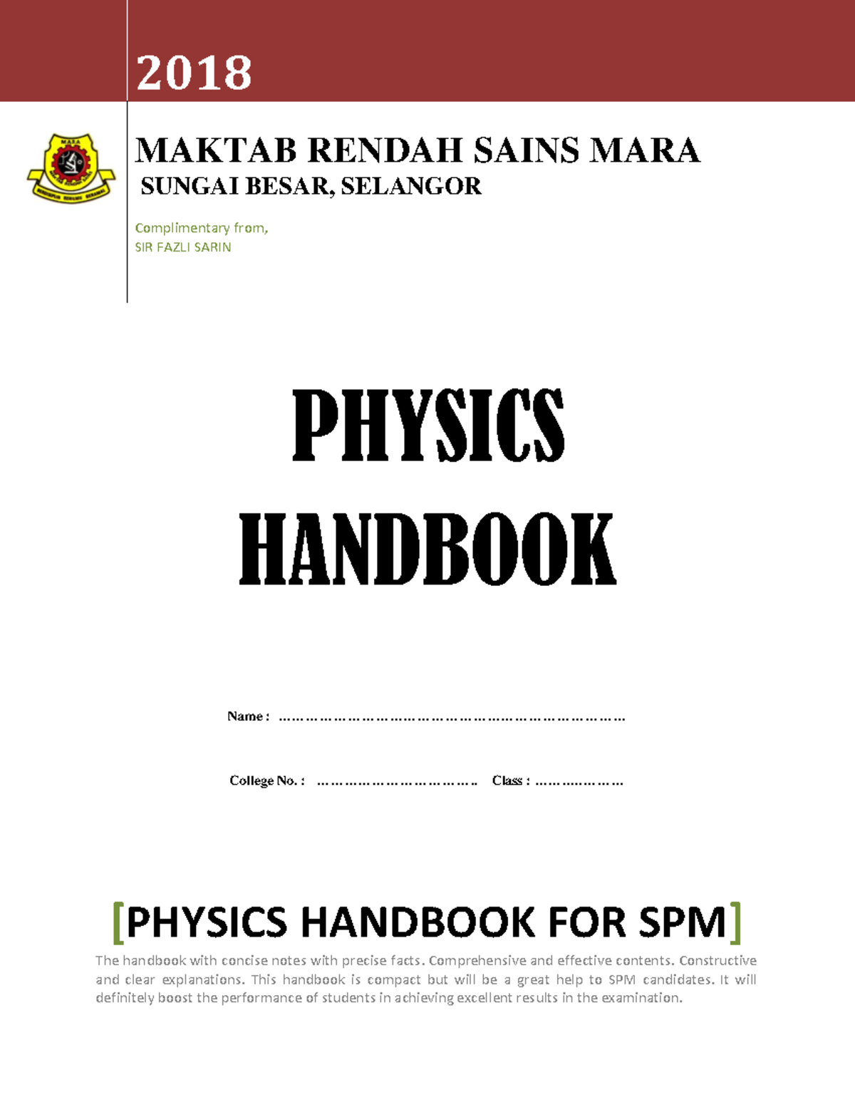 Physics Handbook 2018 2021/2022 for MRSM students - PHYSICS HANDBOOK ...