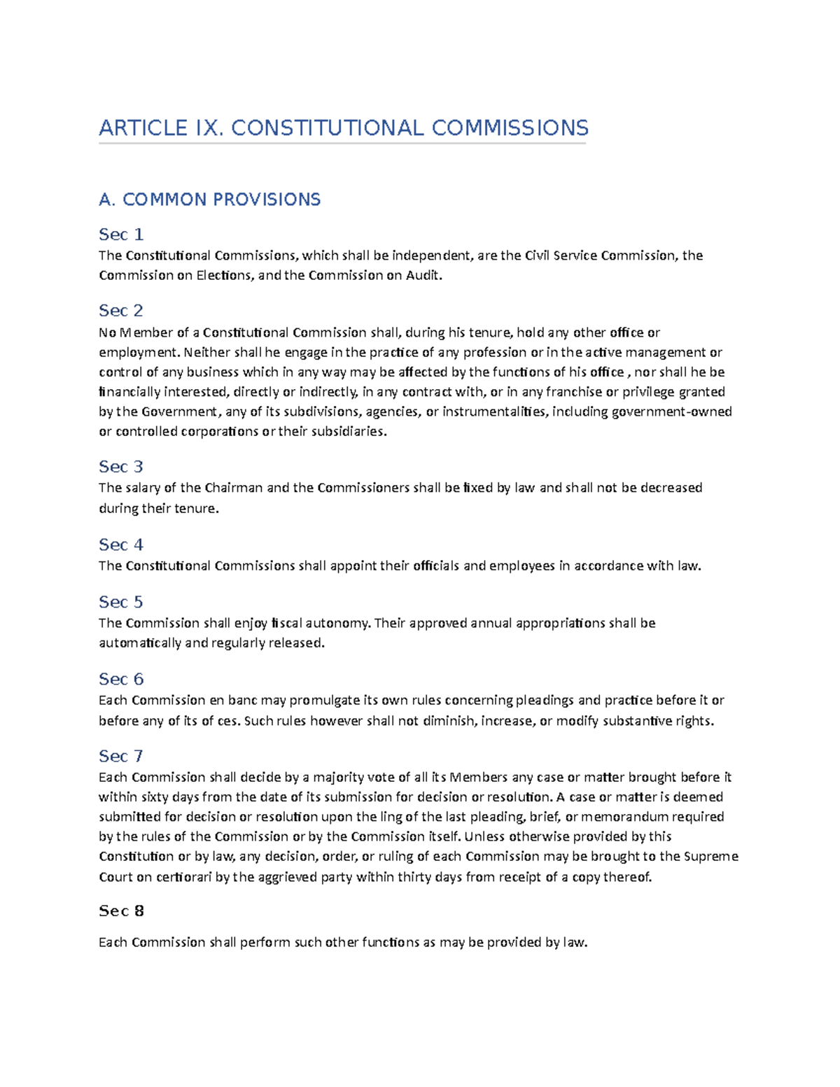 Constitutional Law. Module 9 - ARTICLE IX. CONSTITUTIONAL COMMISSIONS A ...