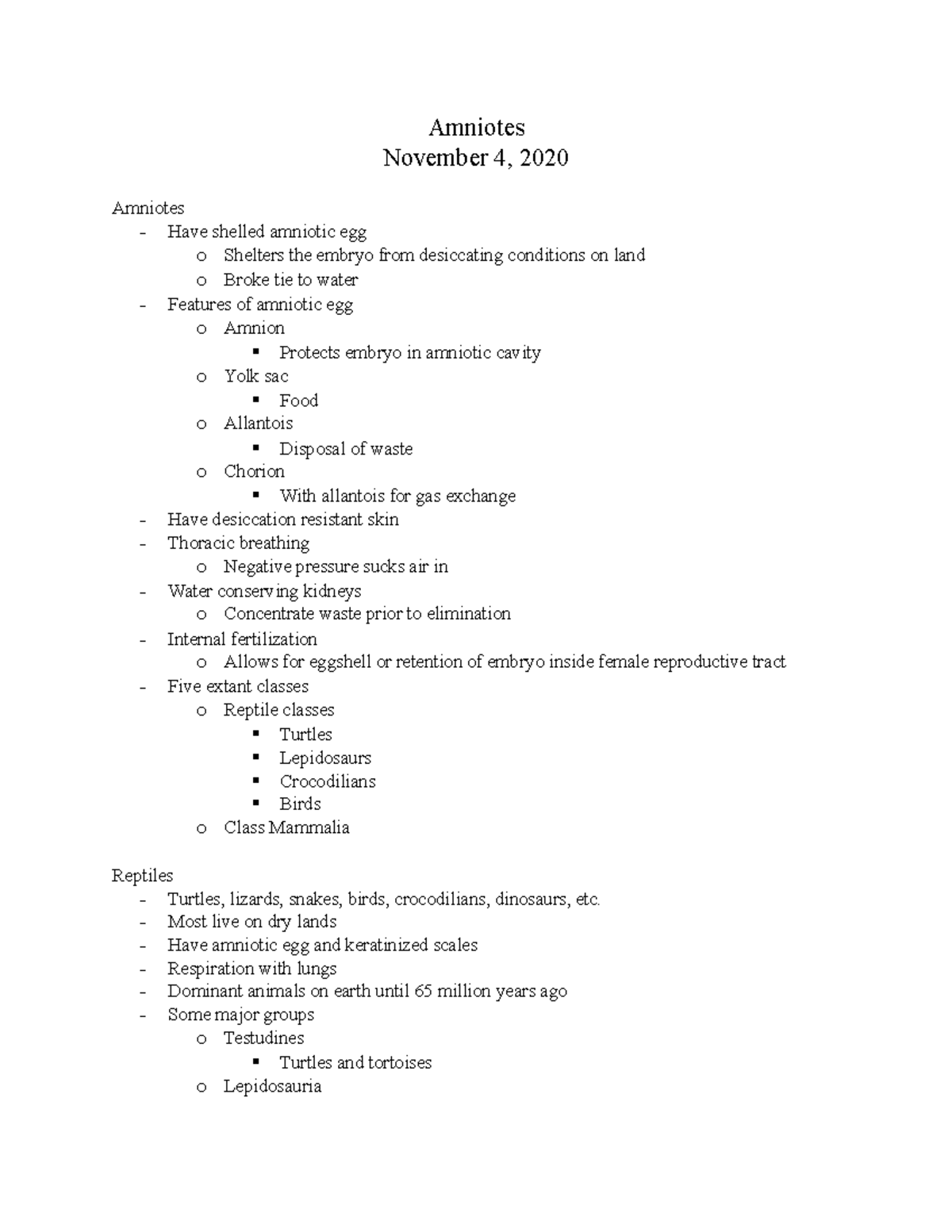 Amniotes - Lecture notes 4 - Amniotes November 4, 2020 Amniotes - Have ...