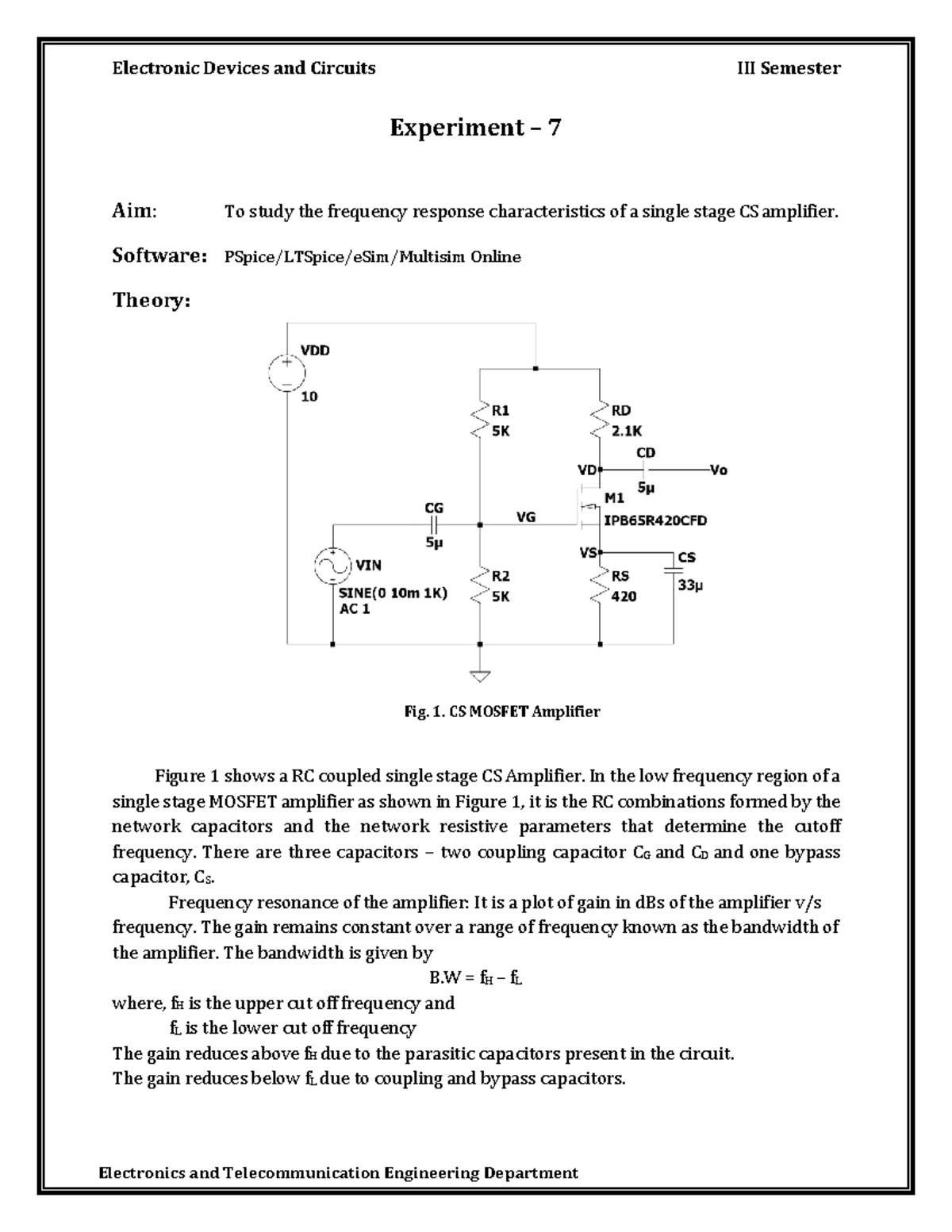 EDC Experiment No. 7 - Electronic Devices and Circuits III Semester Electronics and - Studocu