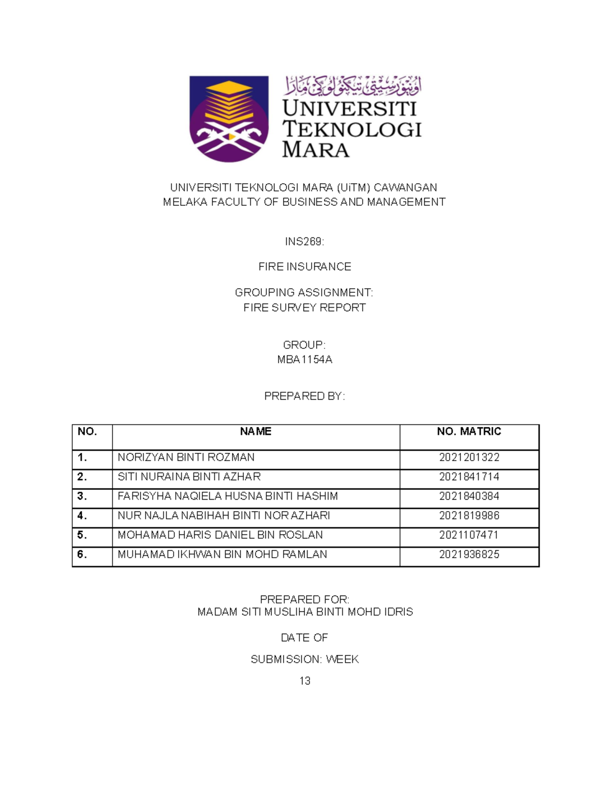 FIRE Survey Report INS269 - UNIVERSITI TEKNOLOGI MARA (UiTM) CAWANGAN ...