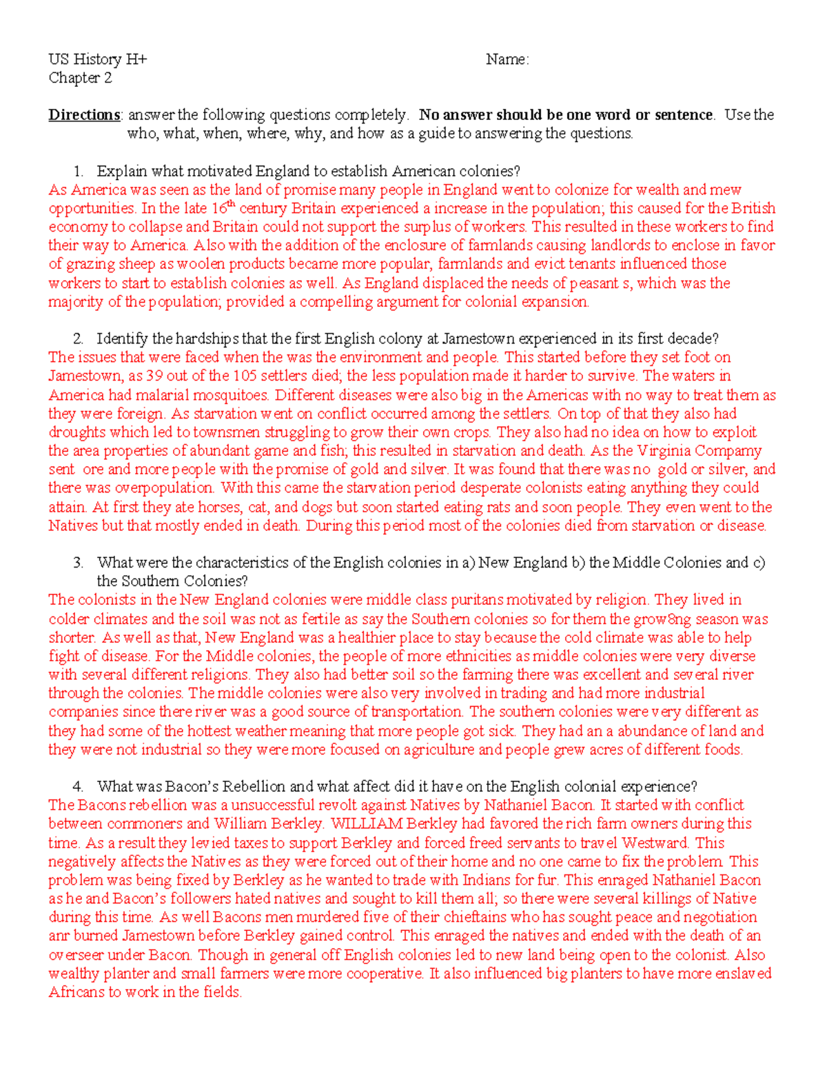 Chapter 2 crutch 2022 - US History H+ Name: Chapter 2 Directions ...