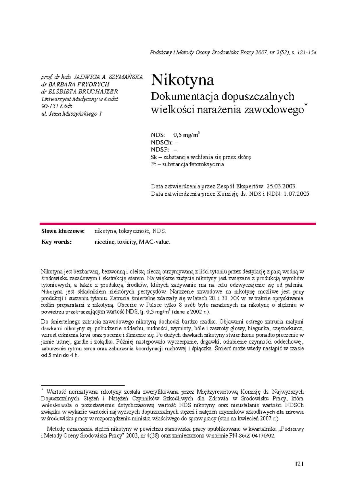 Nikotyna - Podstawy i Metody Oceny Środowiska Pracy 2007, nr 2(52), s ...